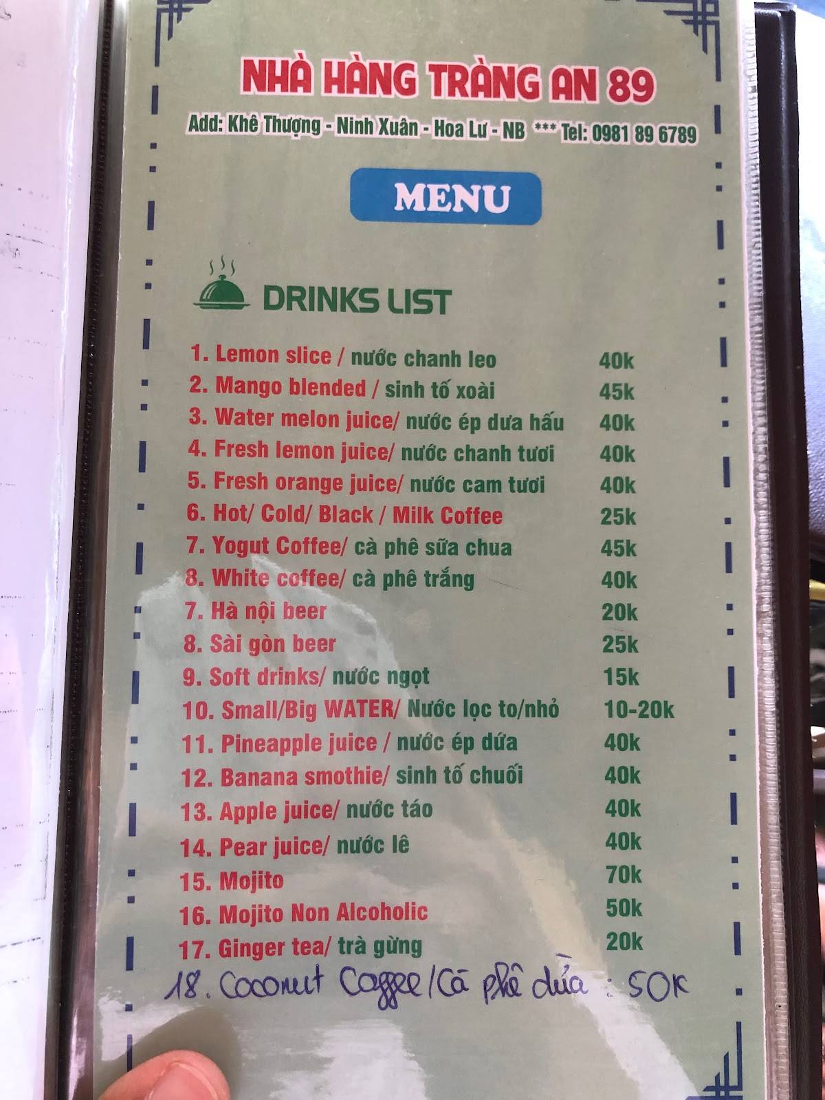 Carta de Trang An 89 Restaurant, tp. Ninh Bình