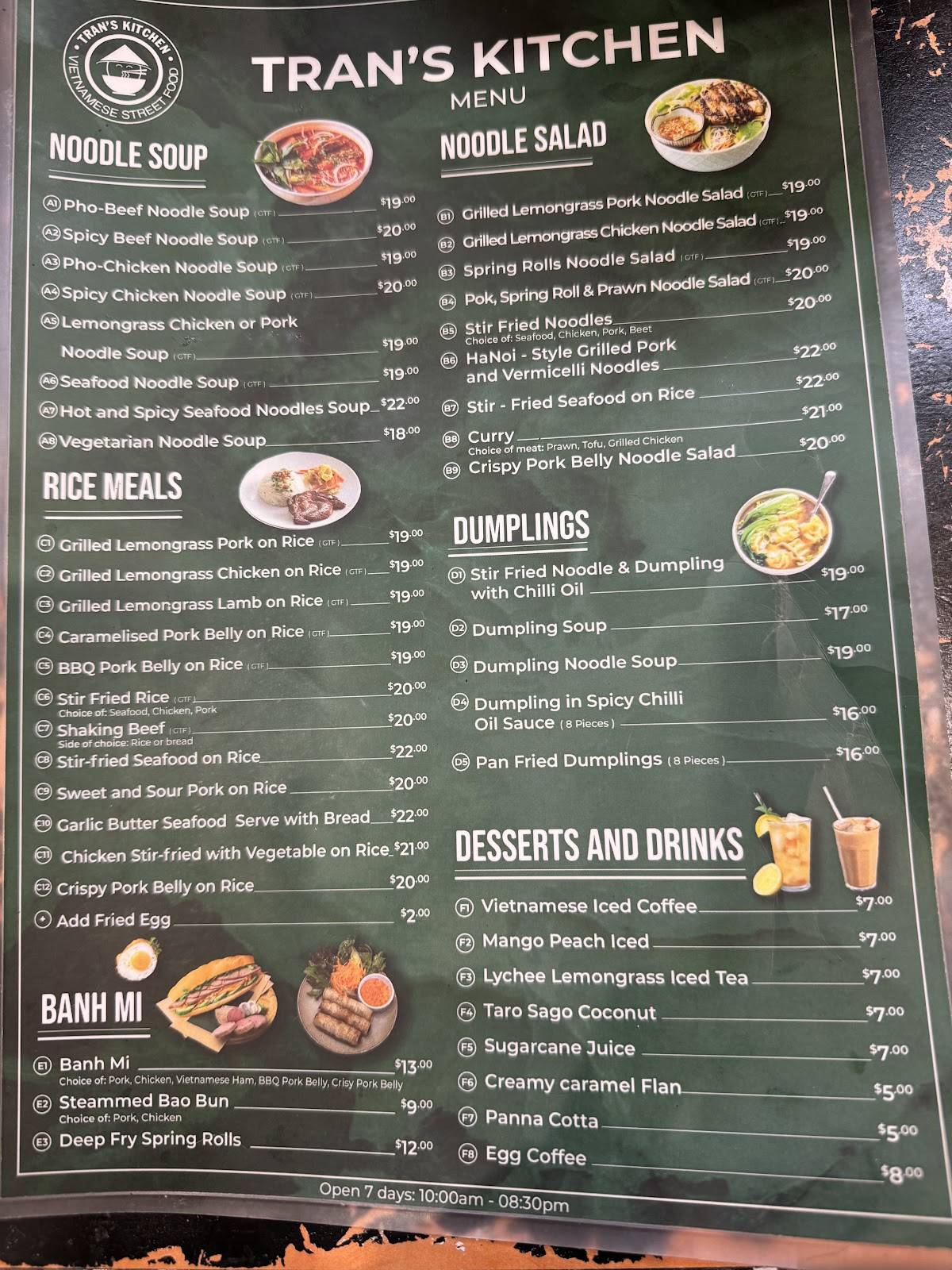 Menu at Tran's Kitchen Vietnamese Pukekohe restaurant, Pukekohe