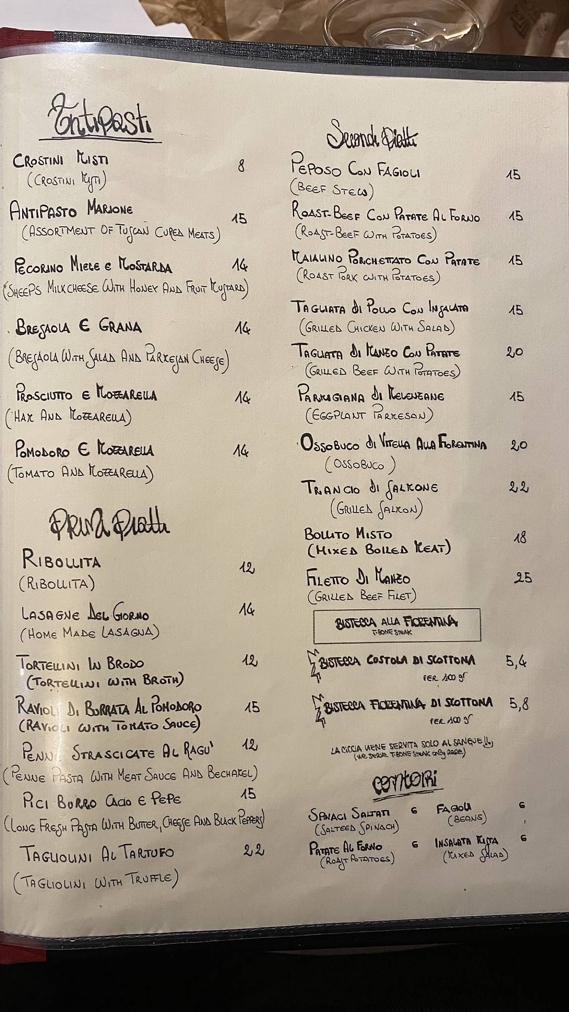 Menu at Trattoria Marione restaurant, Florence