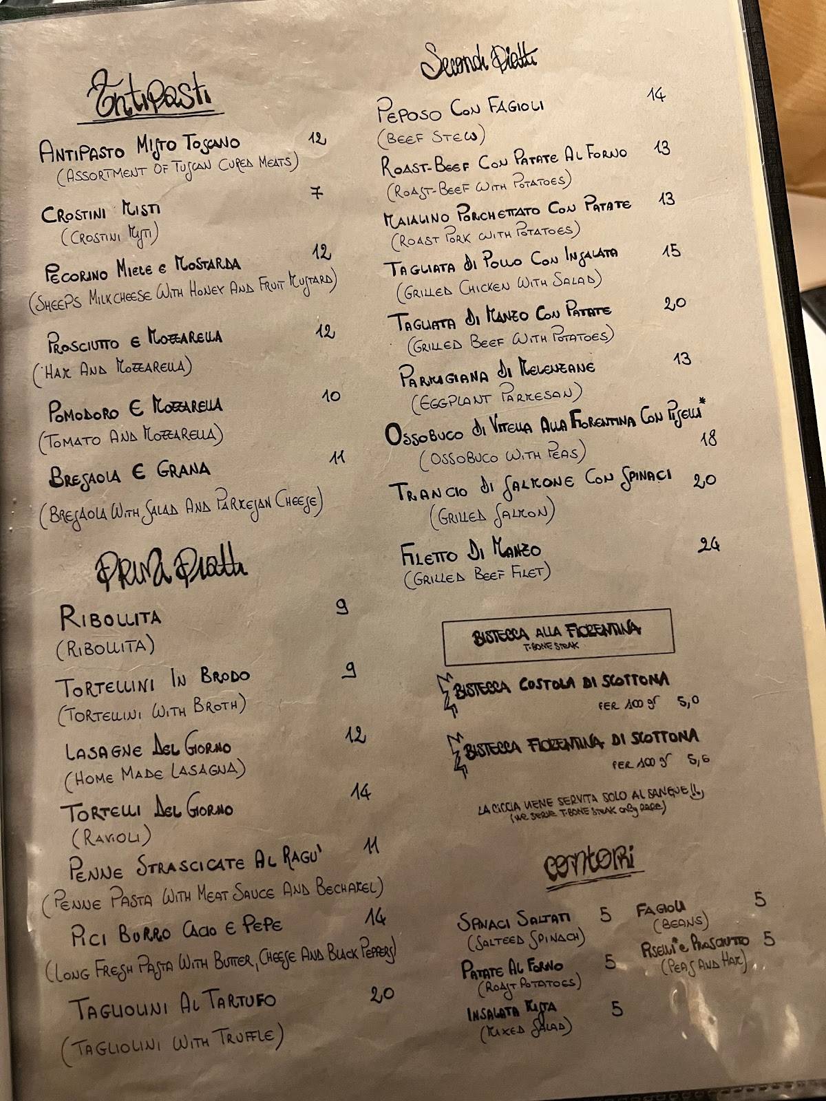 Menu at Trattoria Marione restaurant, Florence