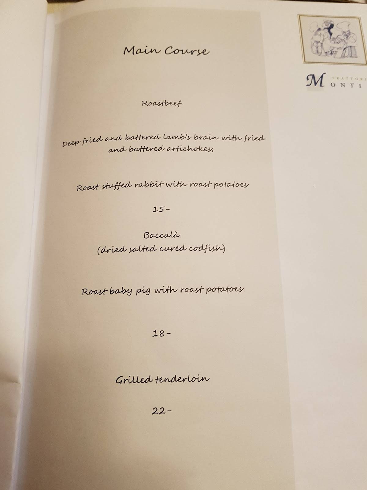Menu at Trattoria Monti restaurant, Rome, Via di S. Vito