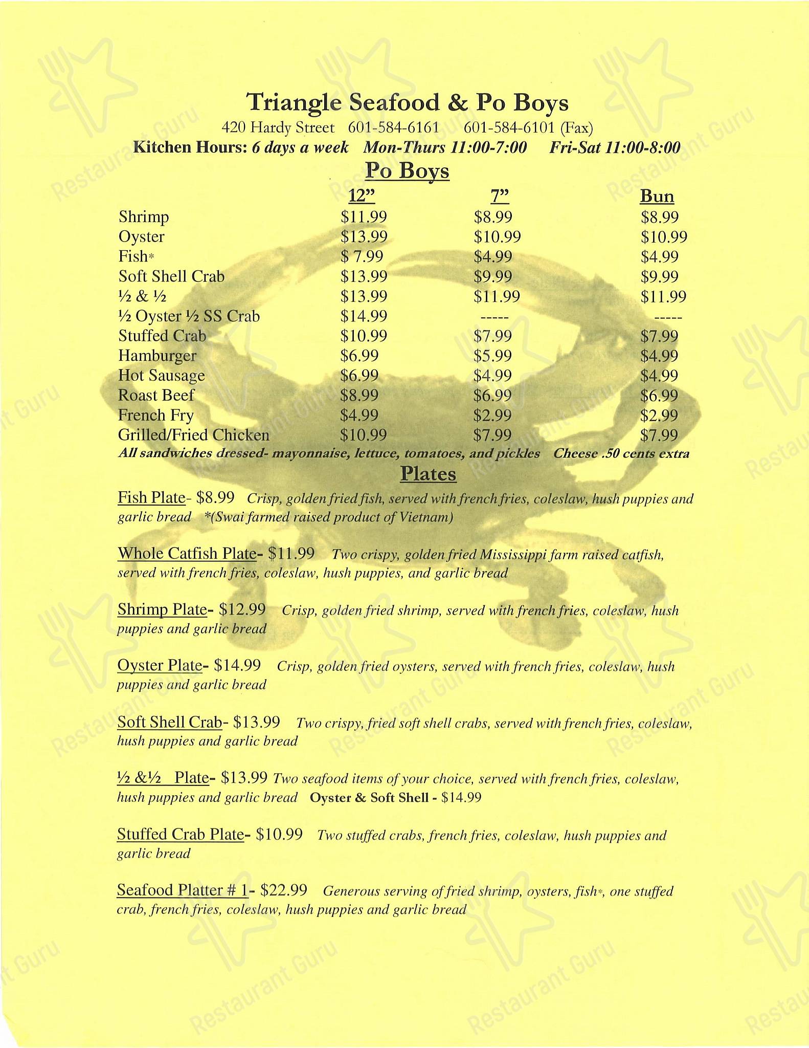 Menu at Triangle Seafood & Po Boy restaurant, Hattiesburg
