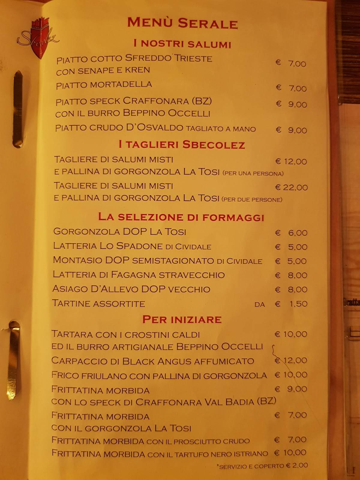Menu at Sbecolez Trieste restaurant, Trieste