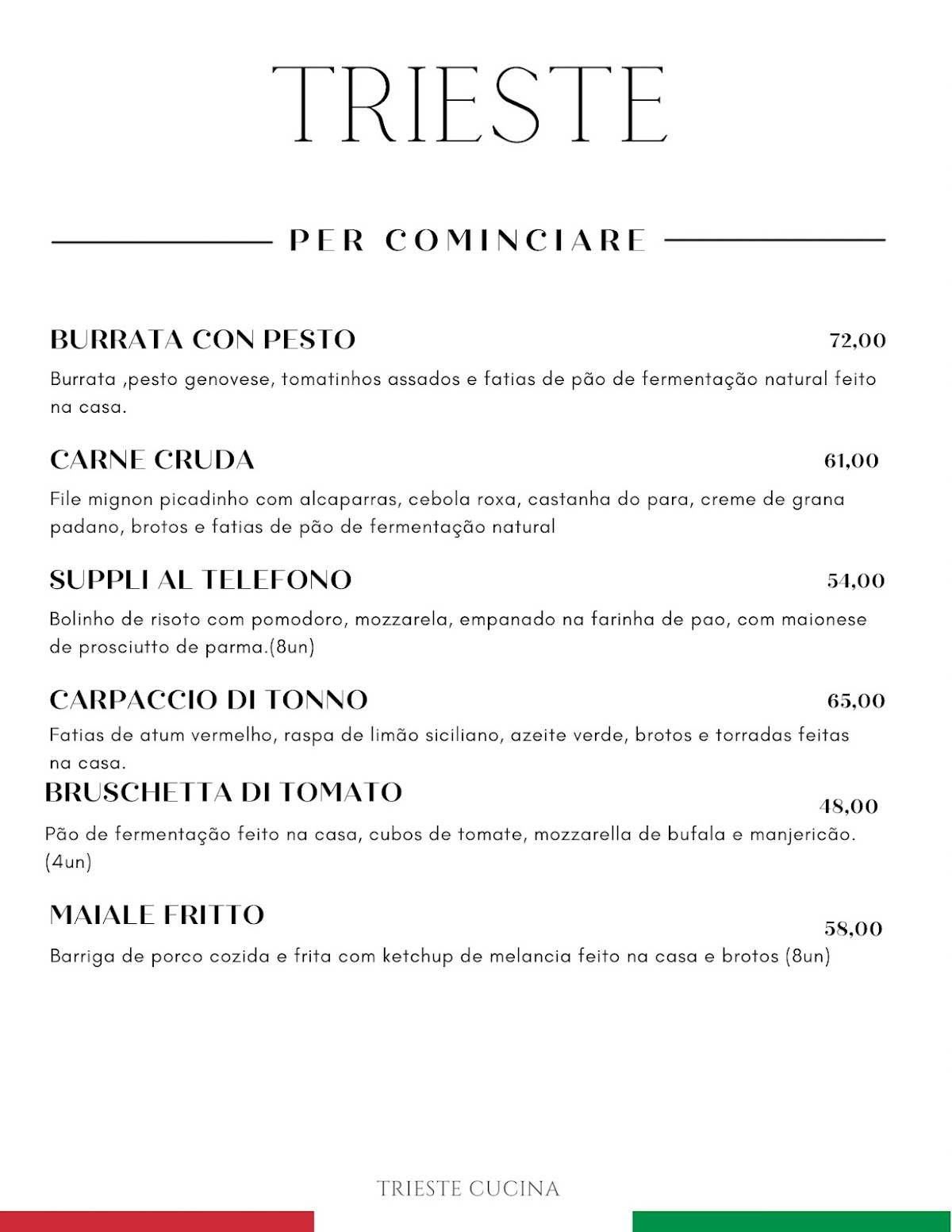 Menu em Trieste cucina restaurante, Campinas