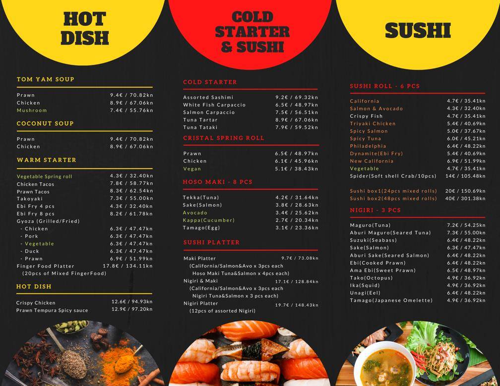 Menu at Trinity Oriental Fusion Lounge restaurant, Dubrovnik