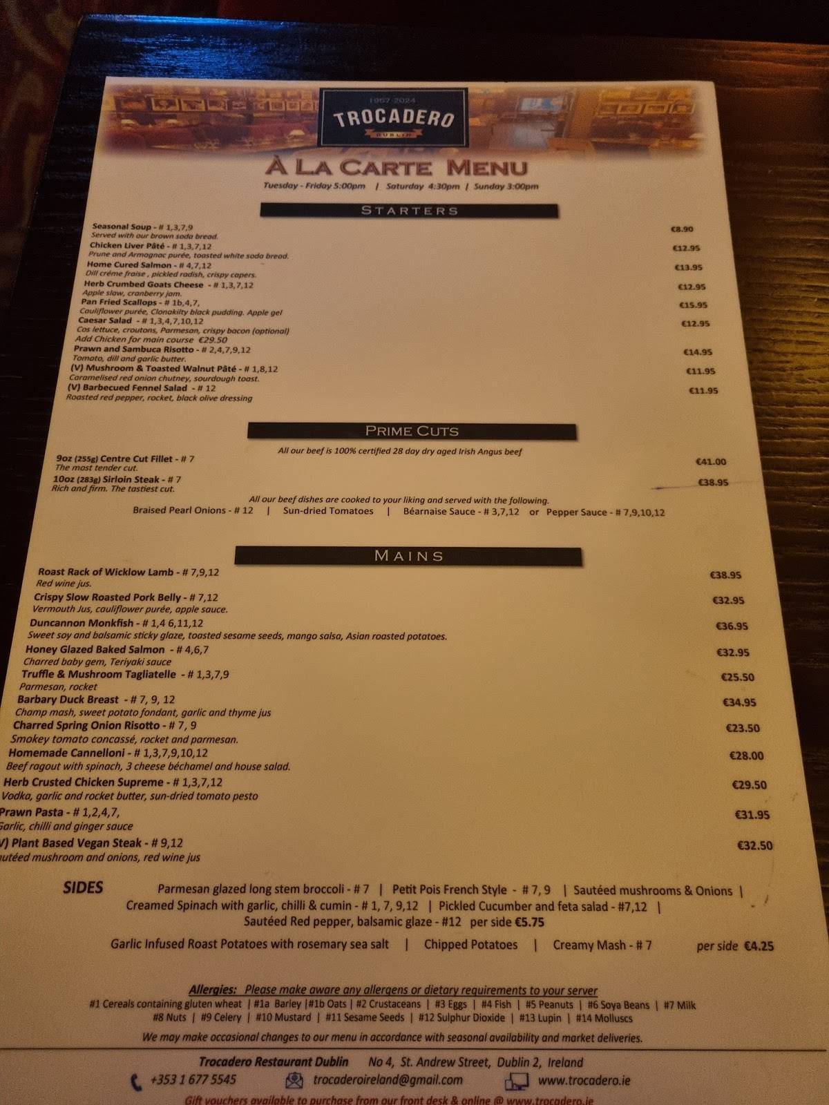 Menu at Trocadero Restaurant Dublin, Dublin