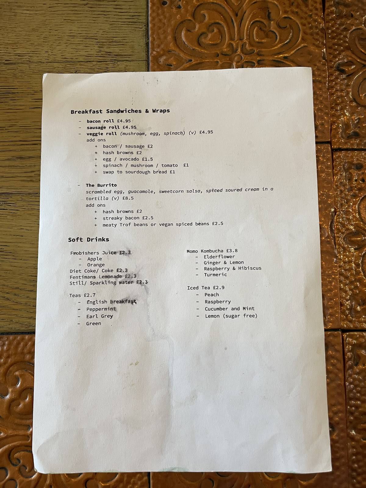 Menu at Trof cafe, Royal Leamington Spa