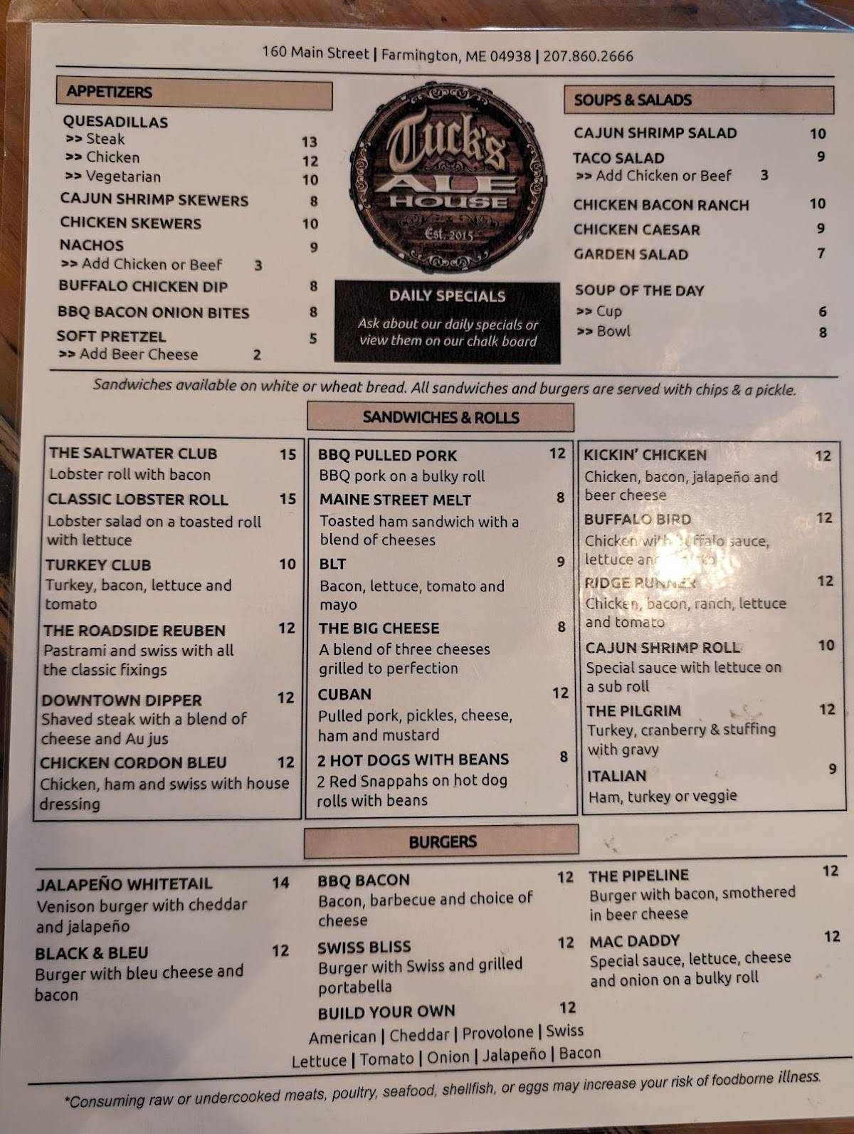 Menu at Tuck's Ale House pub & bar, Farmington