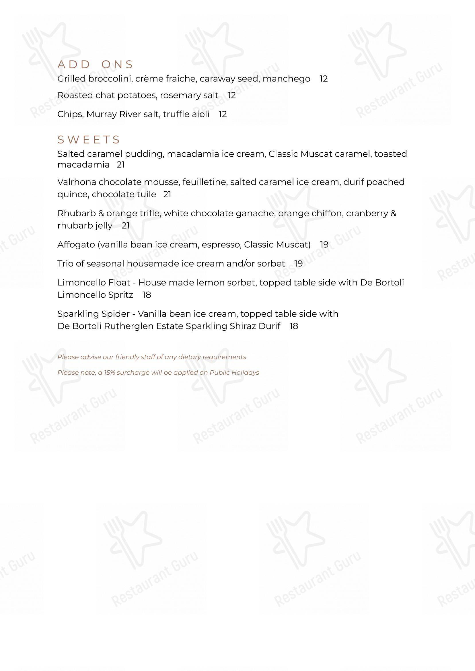 Menu at Tuileries at De Bortoli Rutherglen Estate restaurant, Rutherglen