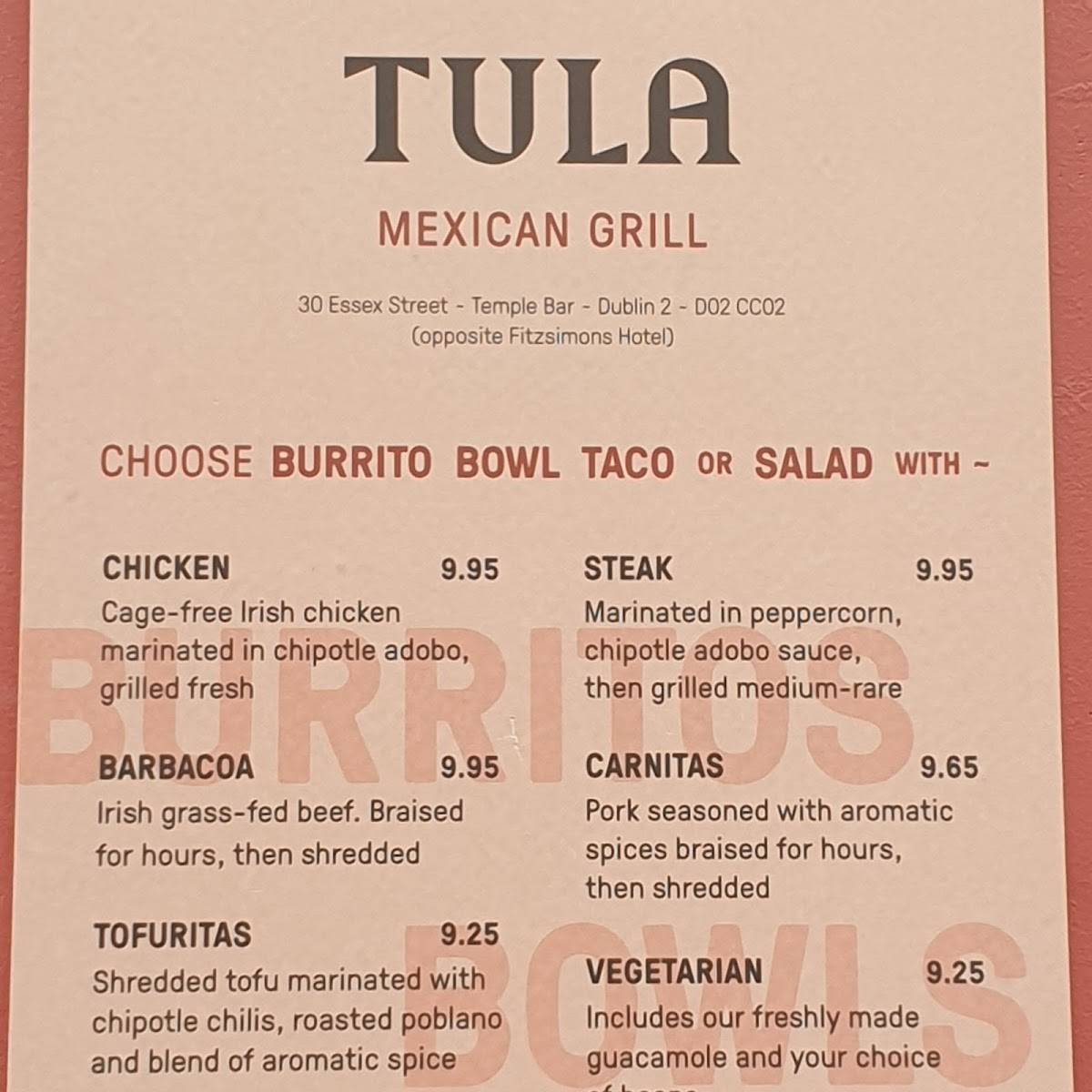 Carta del restaurante Tula Mexican Grill, Dublin, 30 Essex St E