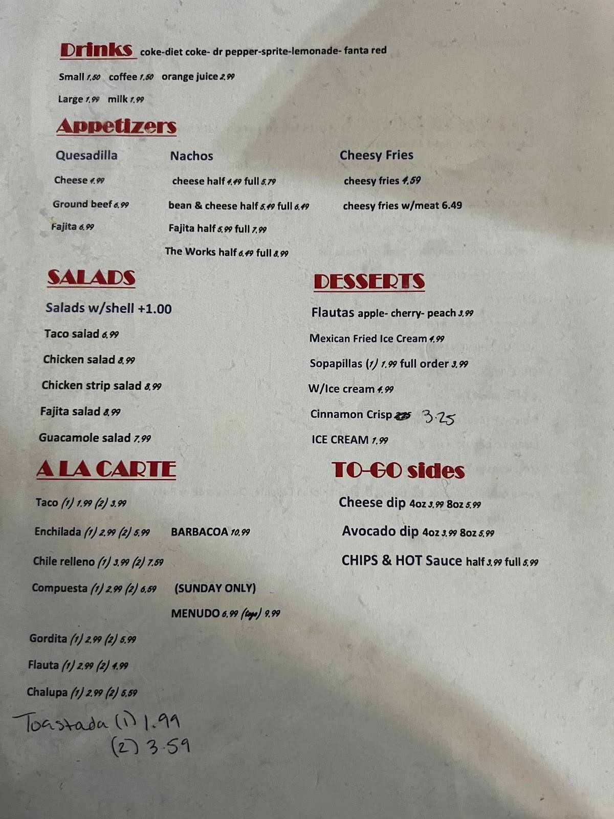 Menu at El Burrito restaurant, Tulia