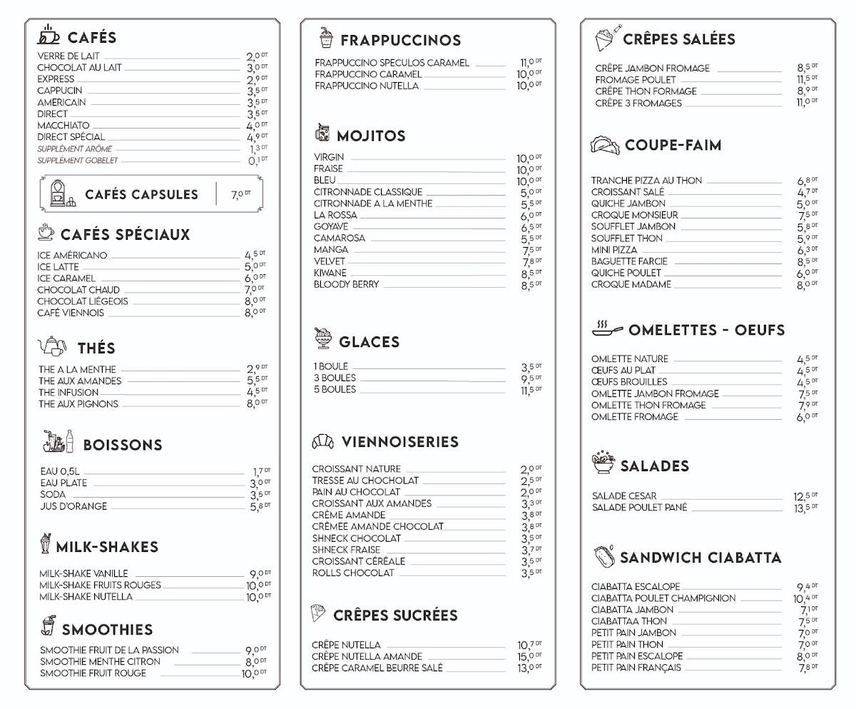 Carta del restaurante Pain au Beurre, Tunez