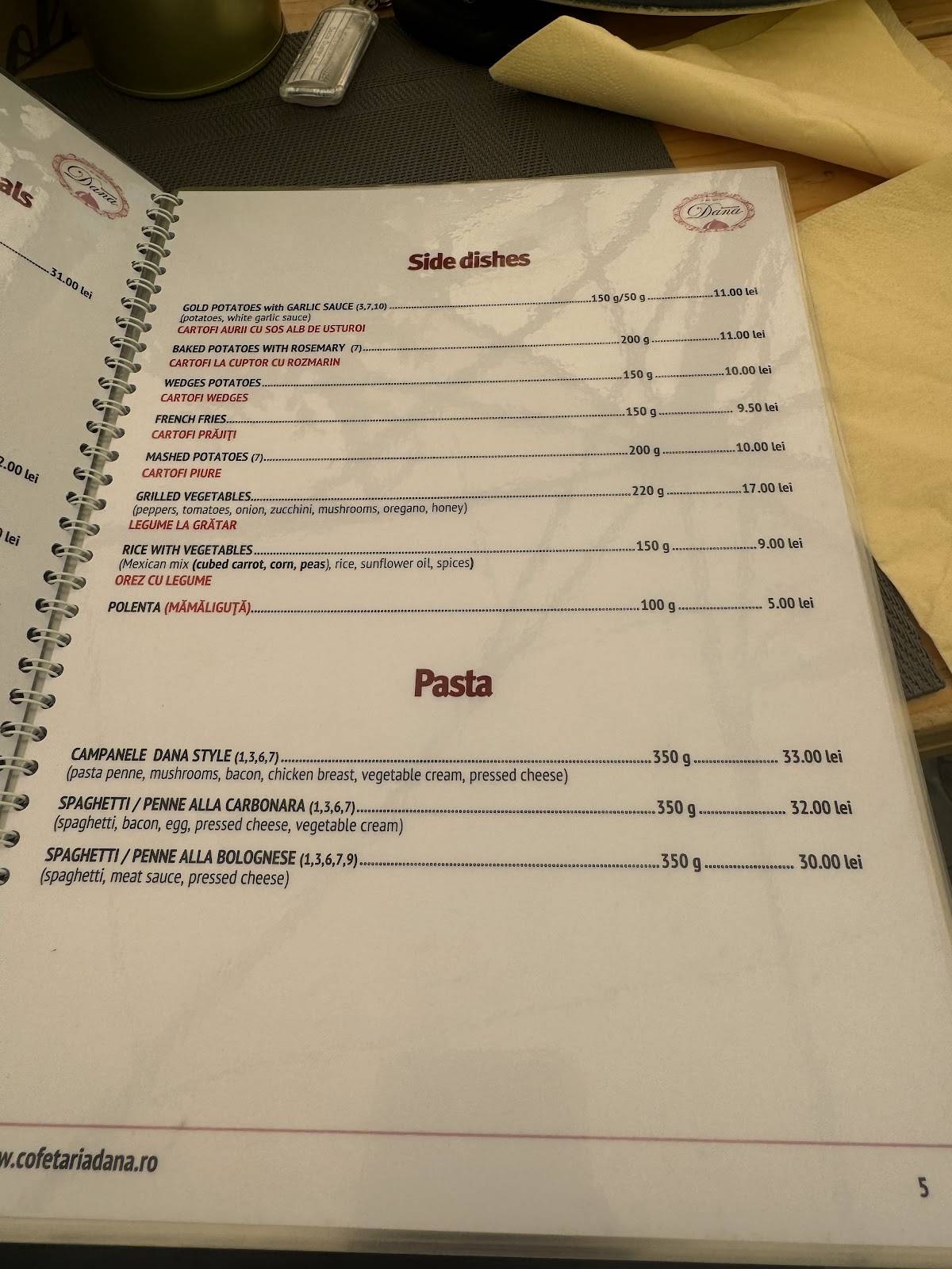 Menu at Restaurant Dana, Turda