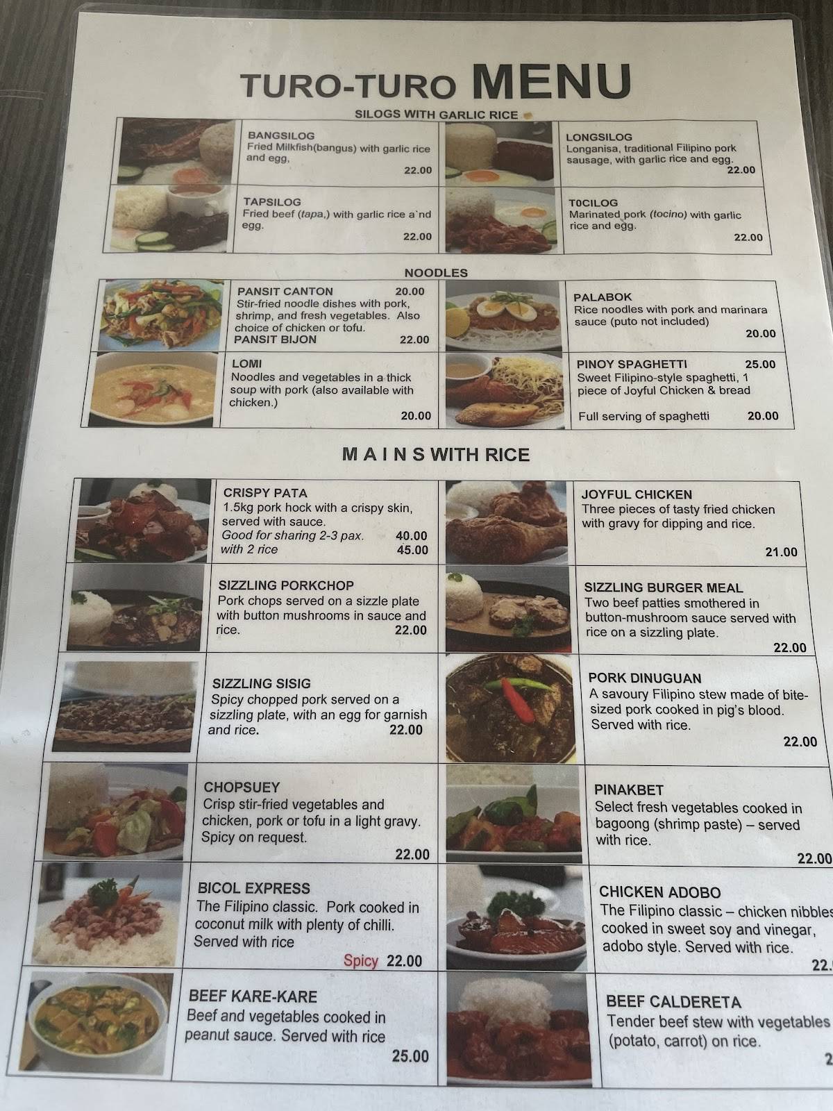 Menu at Turo-Turo Philippine Cafe, Auckland, 26 Mayfair Pl