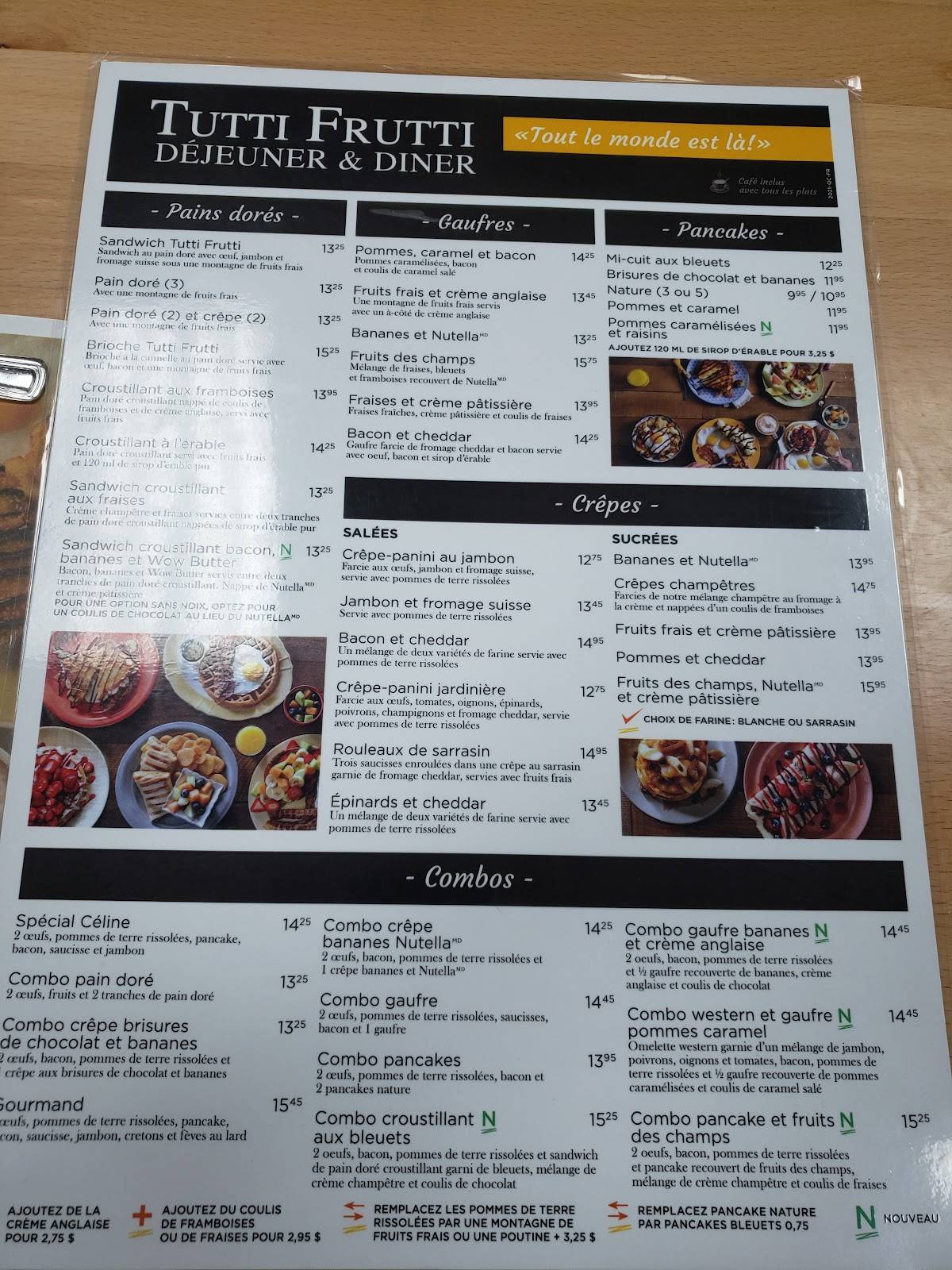 Menu au Tutti Frutti déjeuner et diner restaurant, Québec, Bd des Gradins
