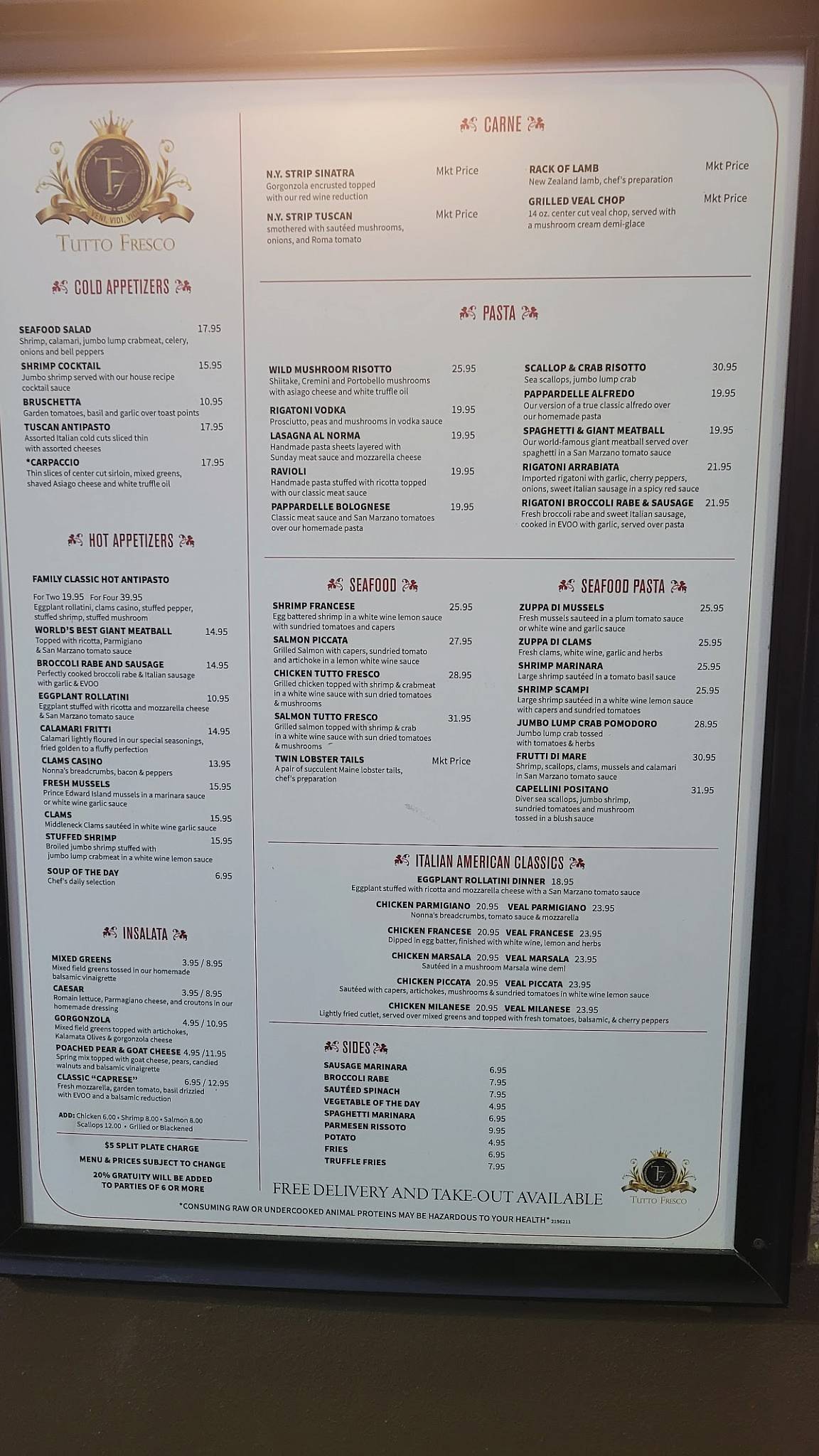 Menu at Tutto Fresco Restaurant, Port St. Lucie, Reserve Blvd