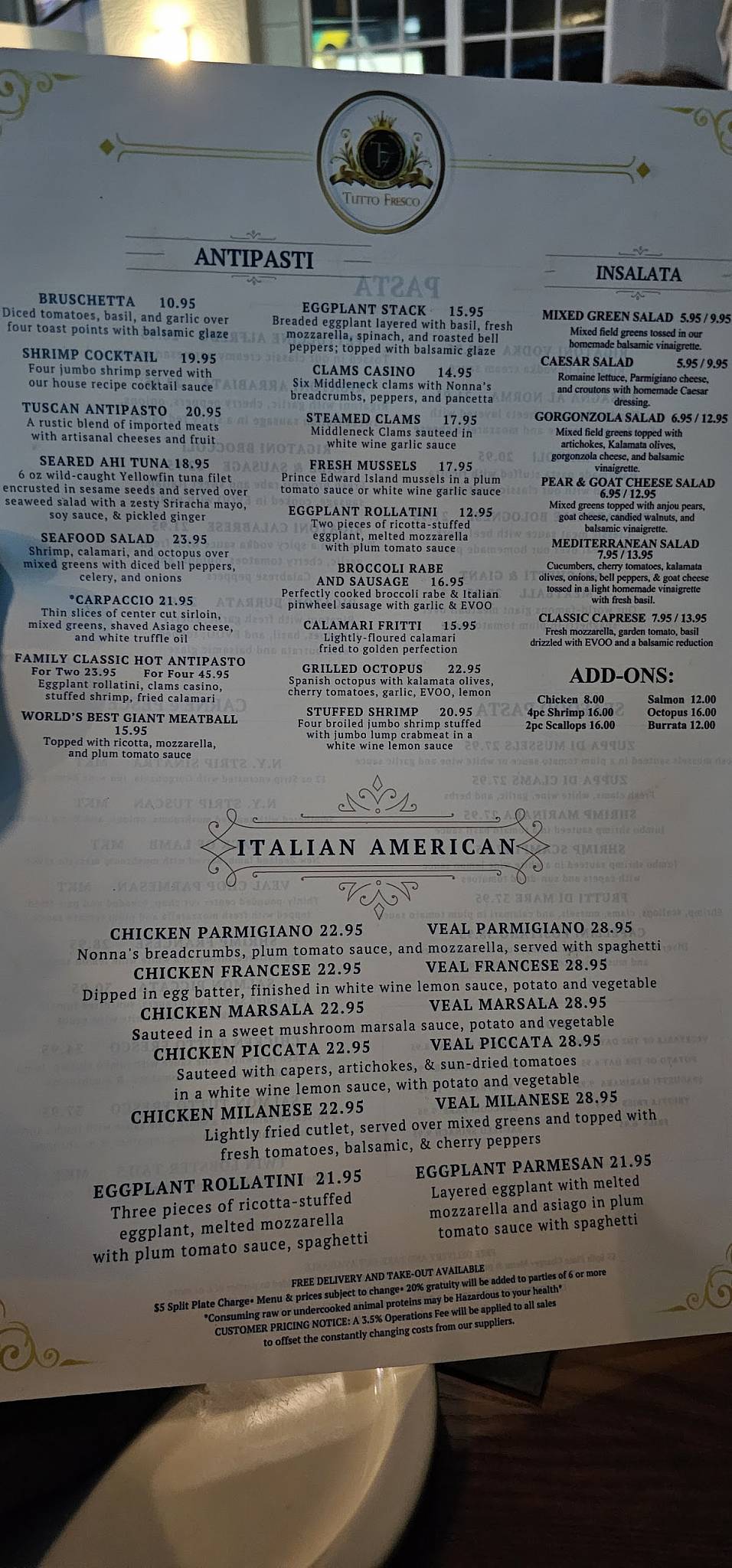 Menu at Tutto Fresco Restaurant, Port St. Lucie, Reserve Blvd