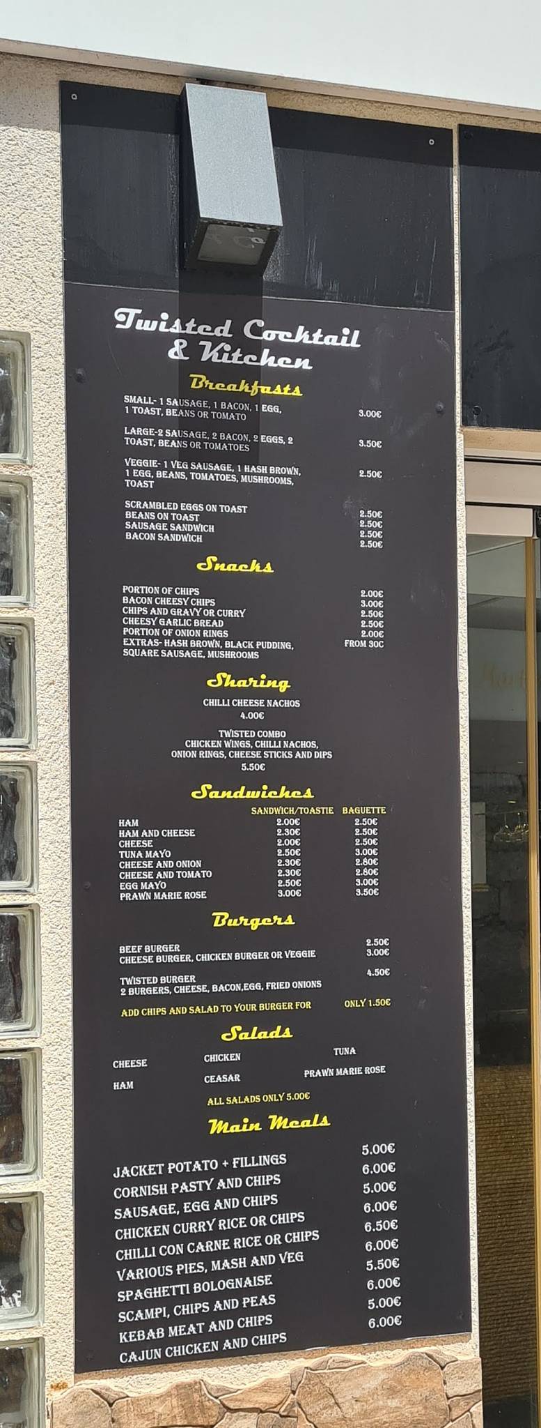 Menu at Twisted Cocktail pub & bar, Benidorm