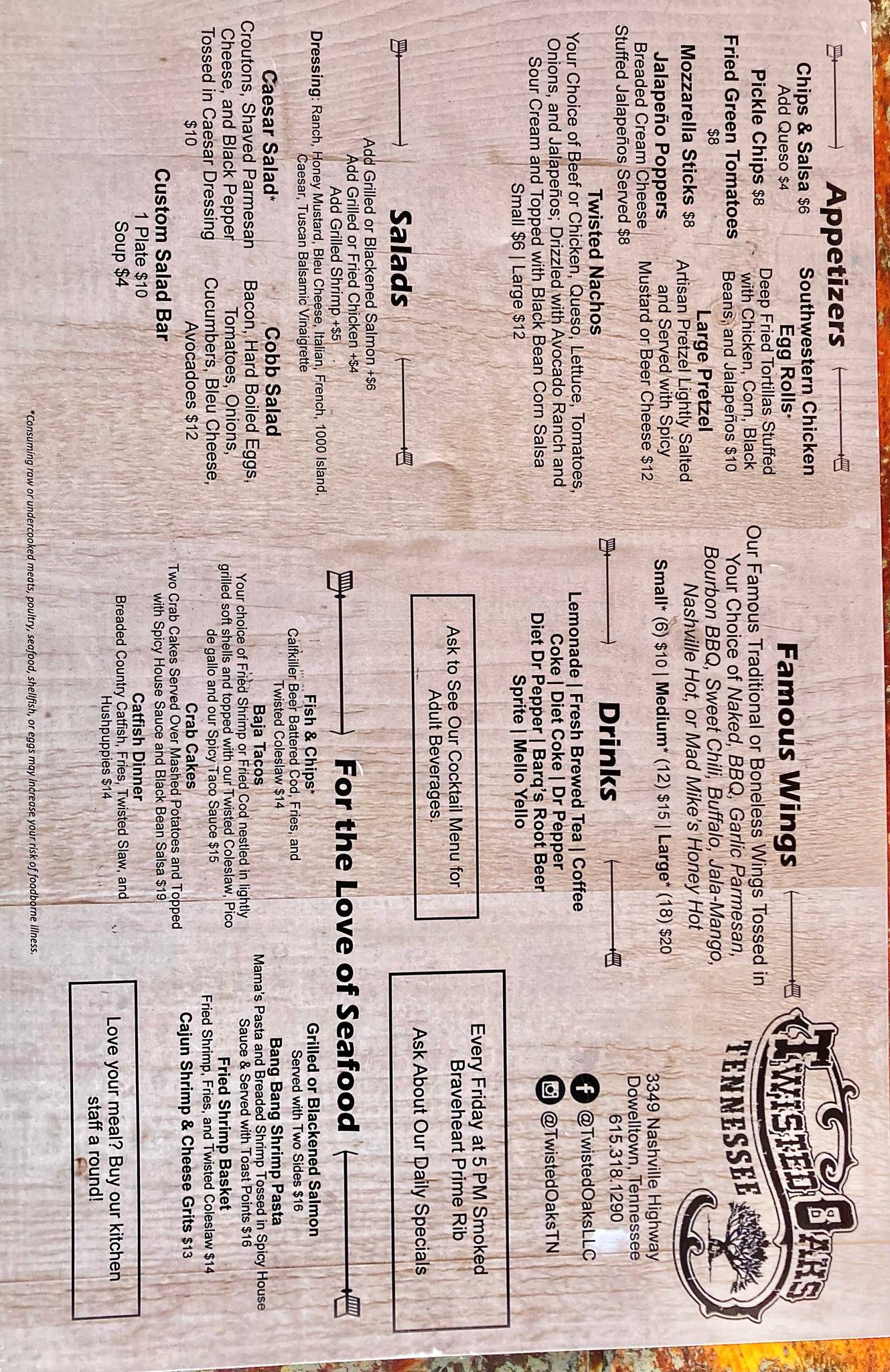 Menu at Twisted Oaks pub & bar, Smithville
