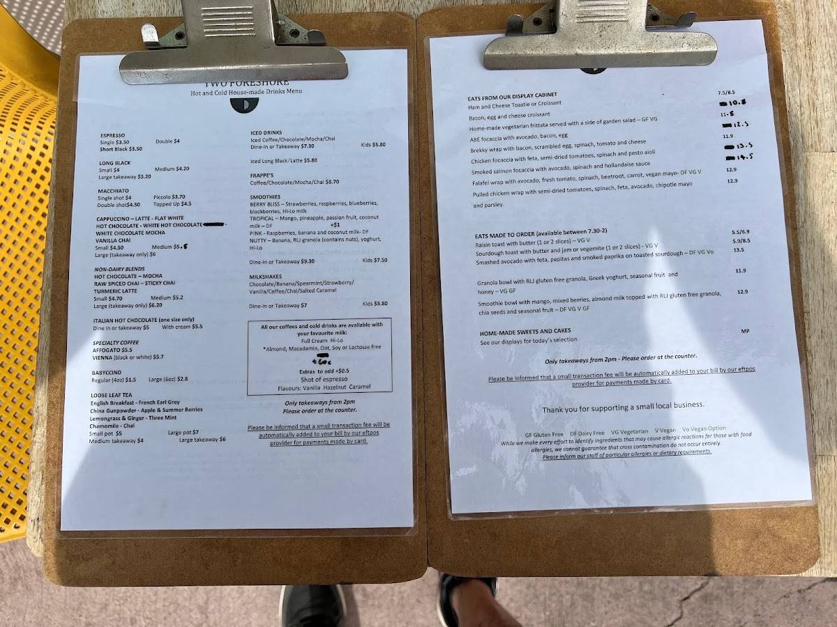 Menu at Two Foreshore cafe, Geraldton