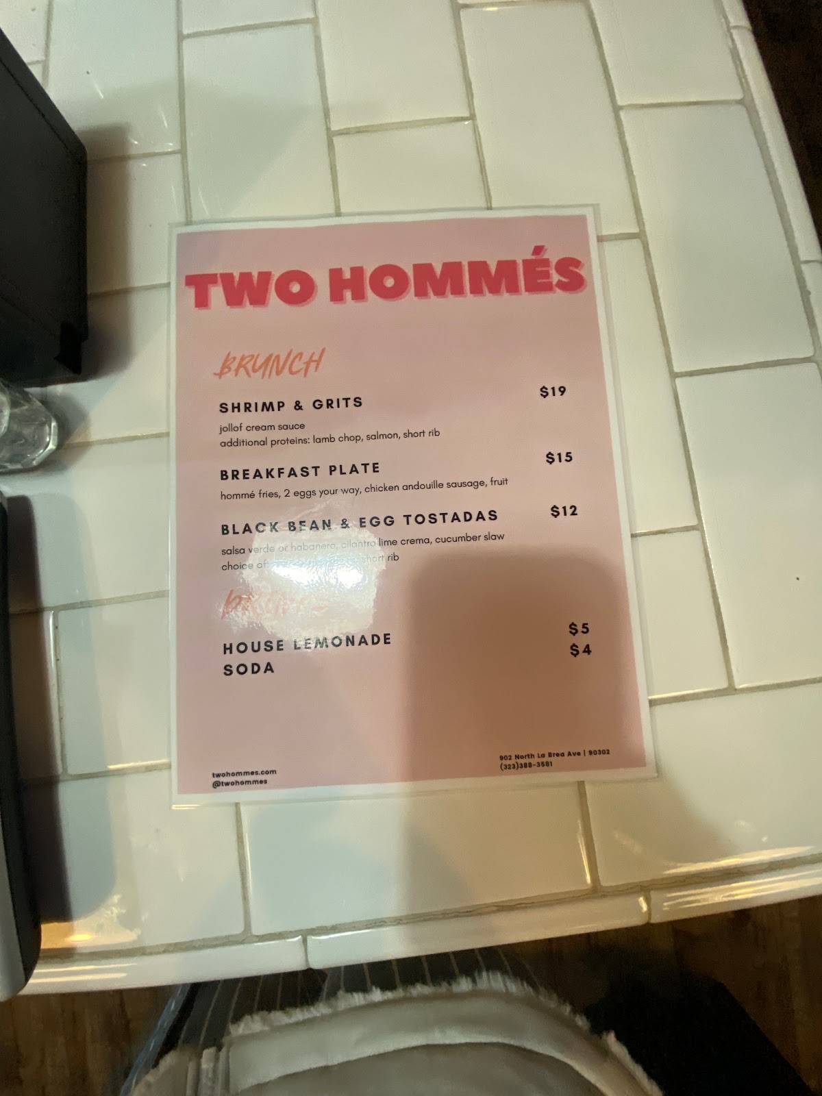 Menu at Two Hommés restaurant, Inglewood