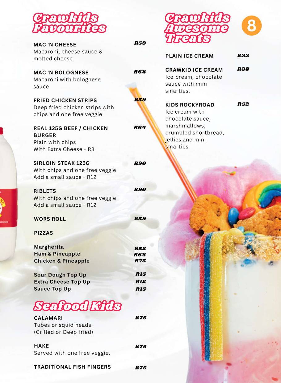 Menu at Crawdaddy's Tzaneen restaurant, Tzaneen