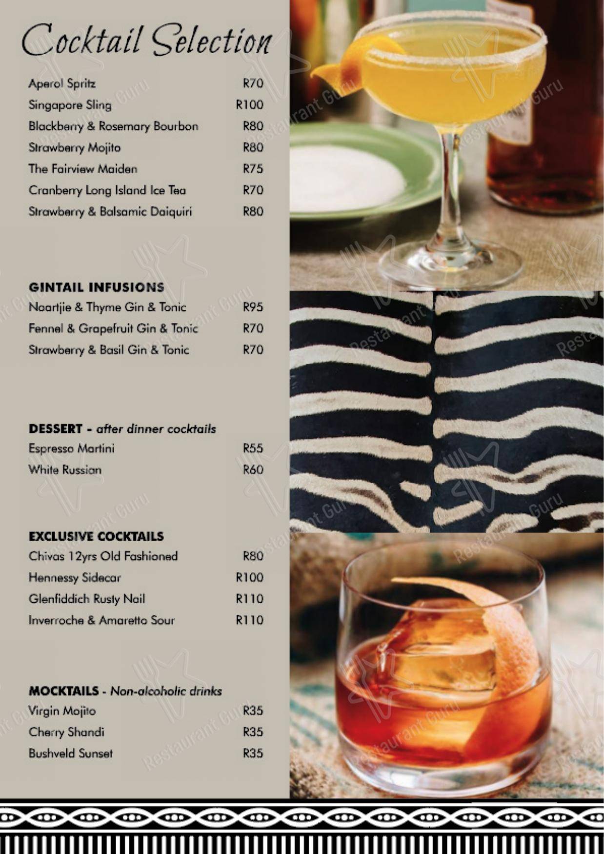 Menu at Fairview Hotels, Spa and Golf Resort restaurant, Tzaneen
