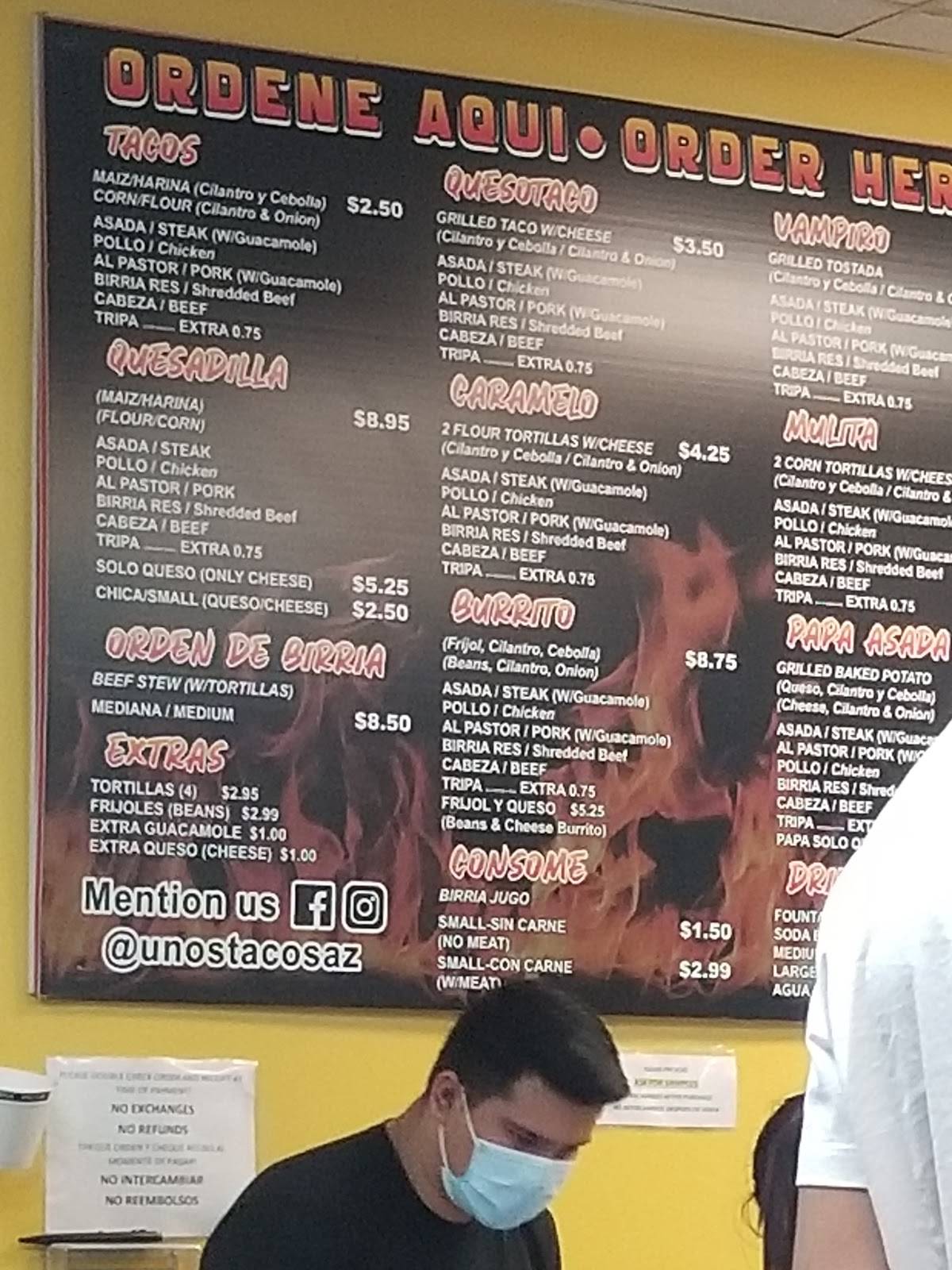 Menu at UNOS TACOS Y BIRRIA restaurant, Phoenix