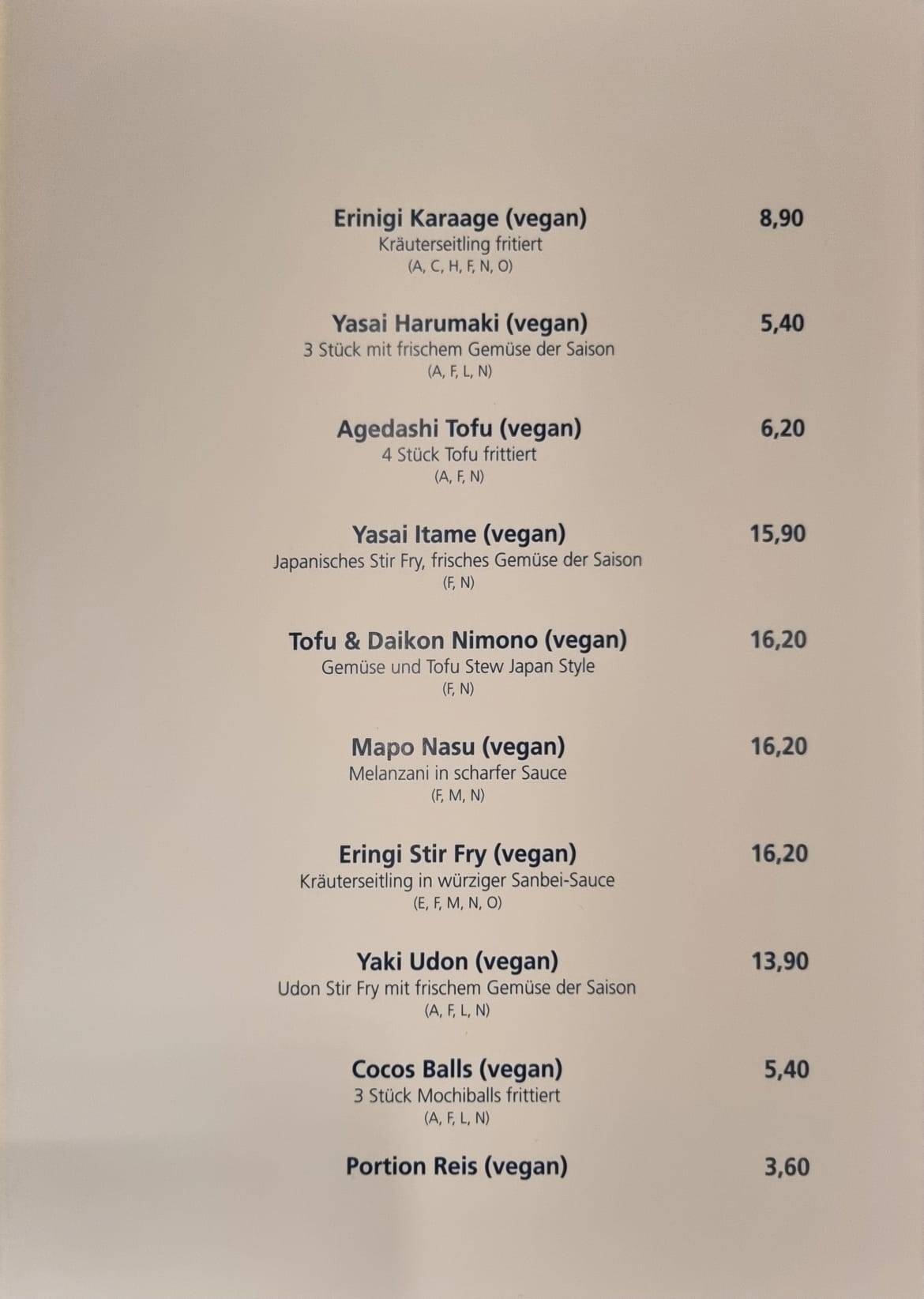 Menu at Umaya restaurant, Innsbruck