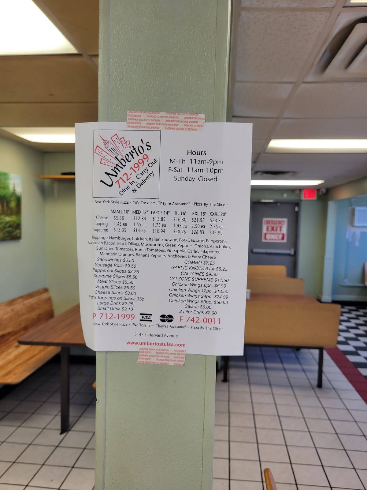 Menu at Umberto's pizzeria, Tulsa, S Harvard Ave