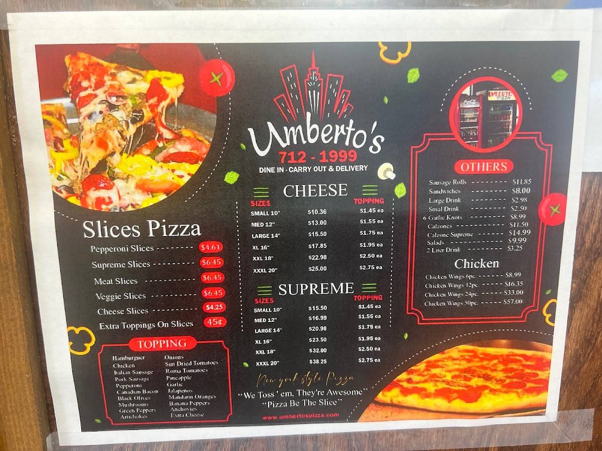 Menu at Umberto's pizzeria, Tulsa, S Harvard Ave