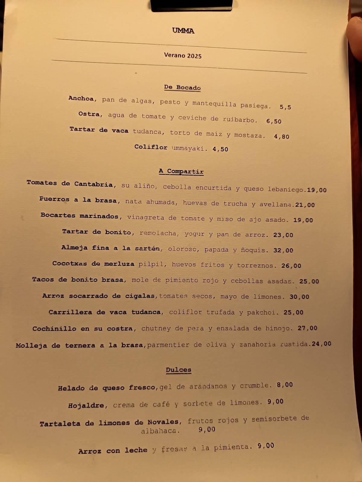Carta del restaurante Umma, Santander