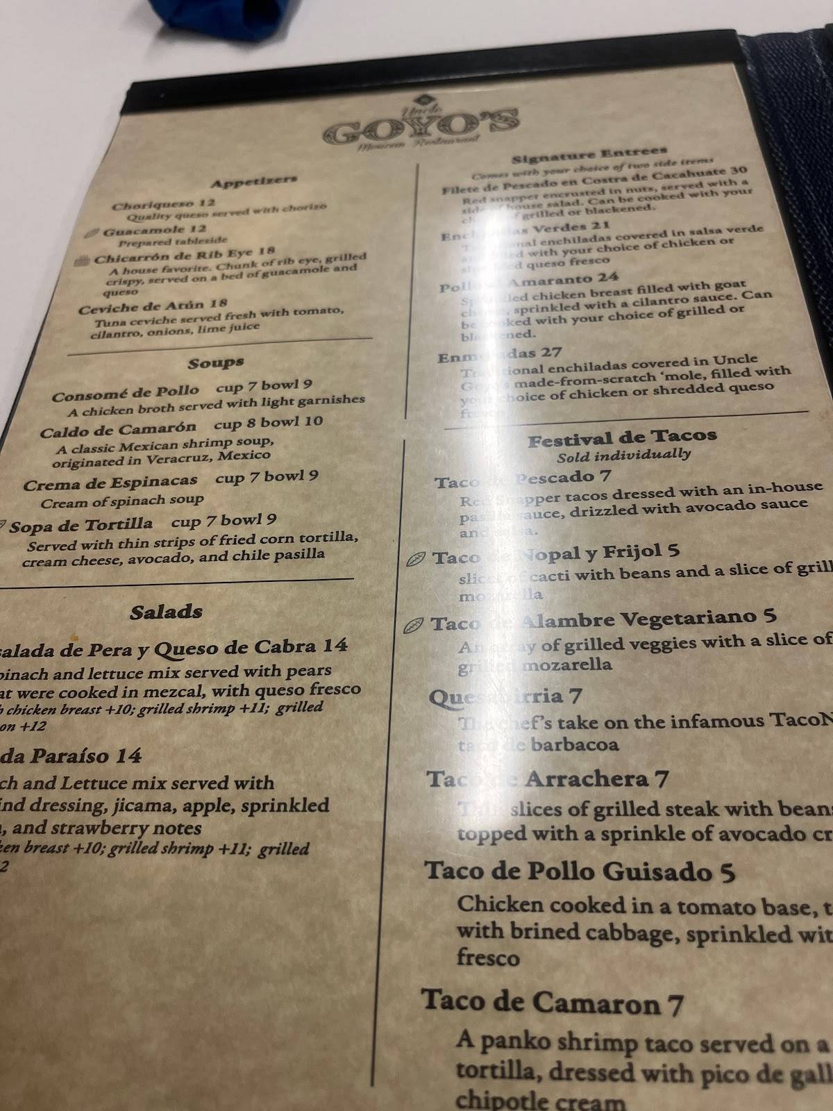 Menu at Uncle Goyo's restaurant, Germantown