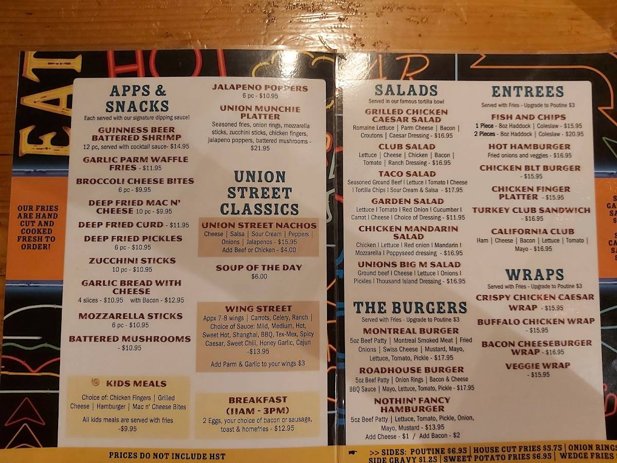 Menu at Union Street Bar and Grill, Smiths Falls