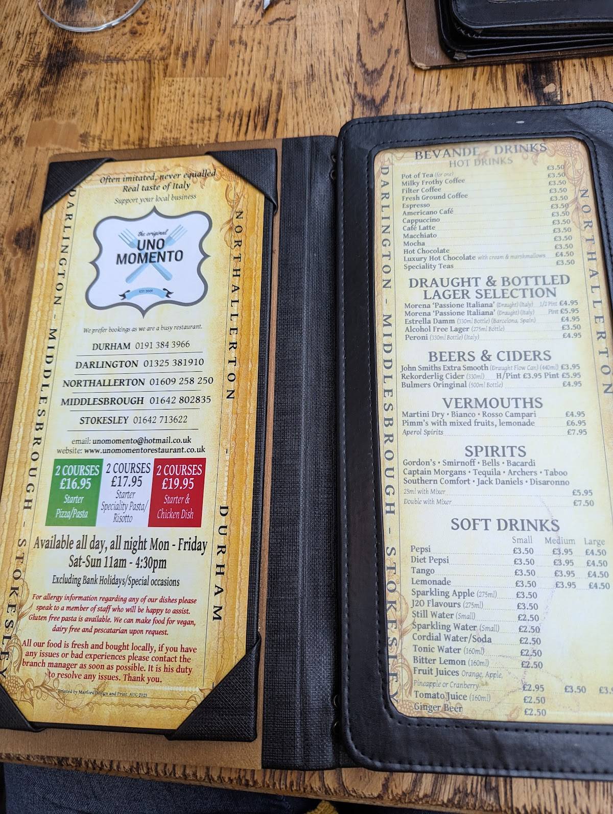 Menu at Uno Momento restaurant, Durham
