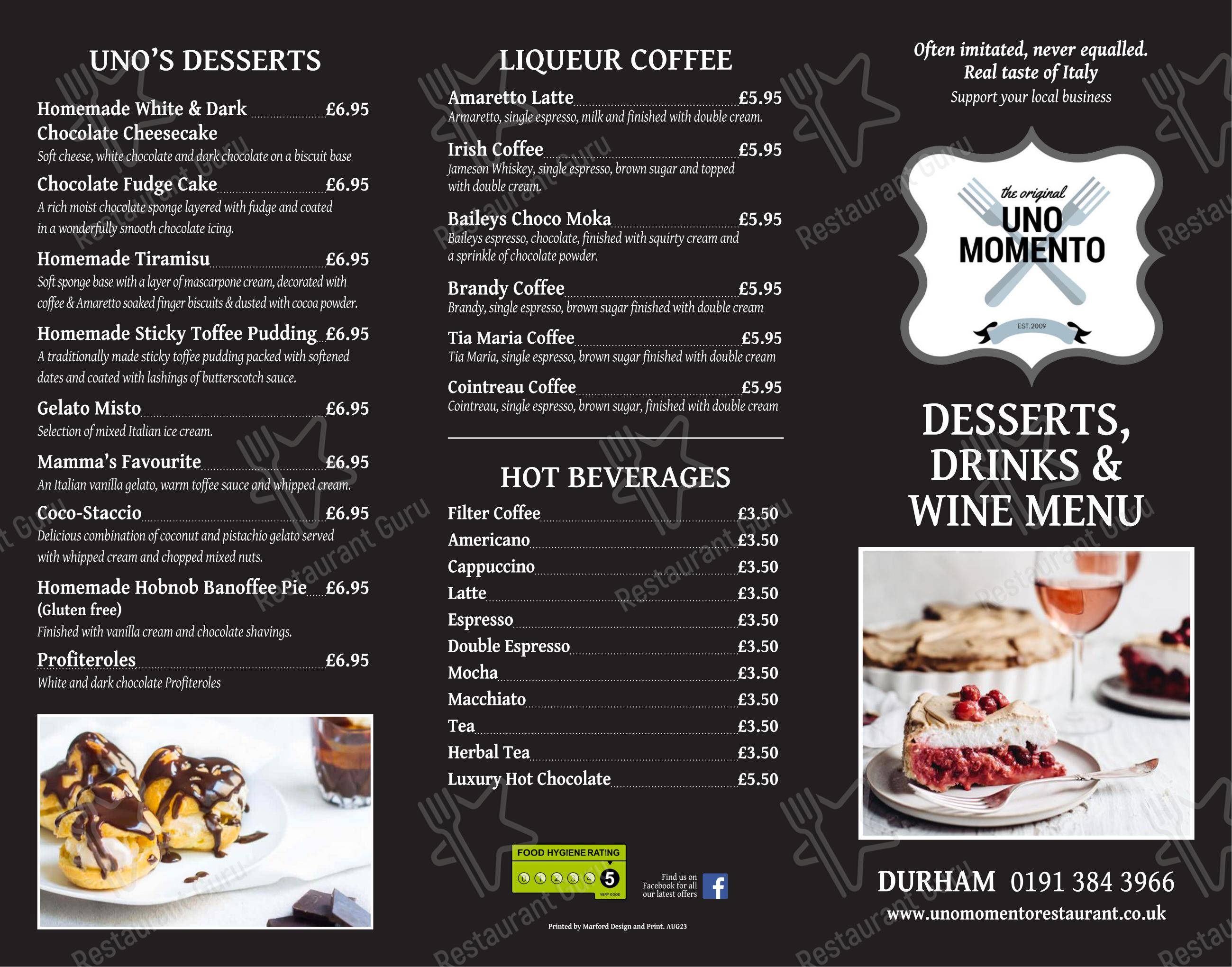 Menu at Uno Momento restaurant, Durham
