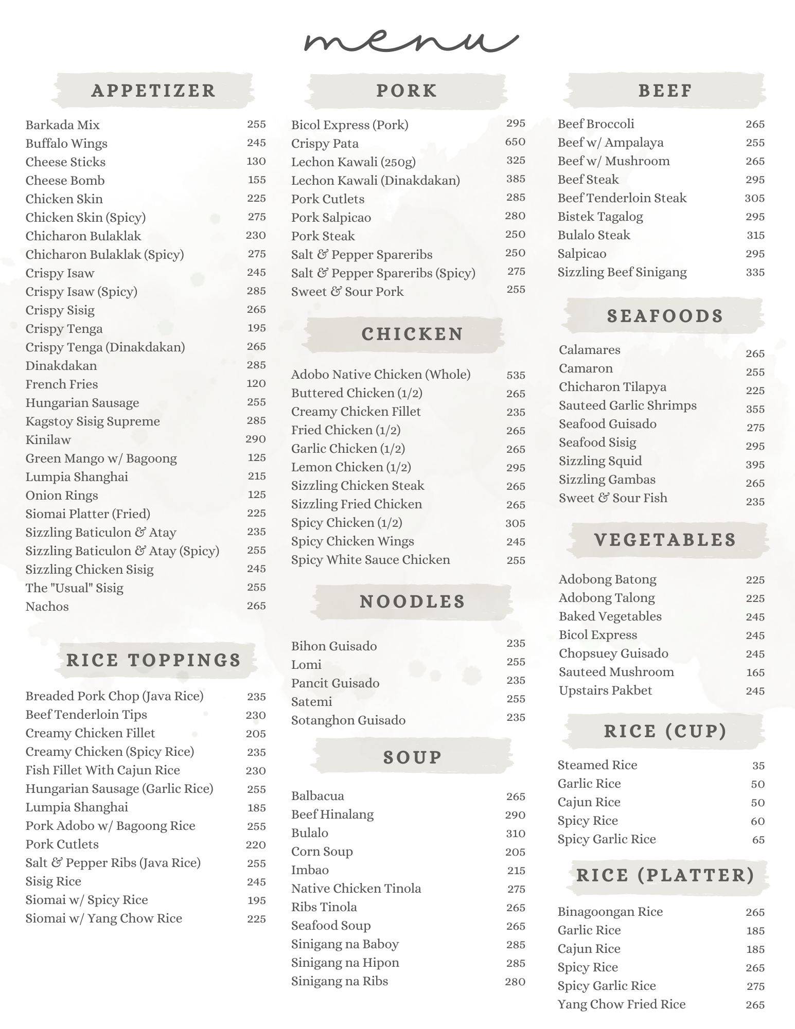 Menu at Upstairs Rooftop Bar Kitchen, Davao City, Erloom Building