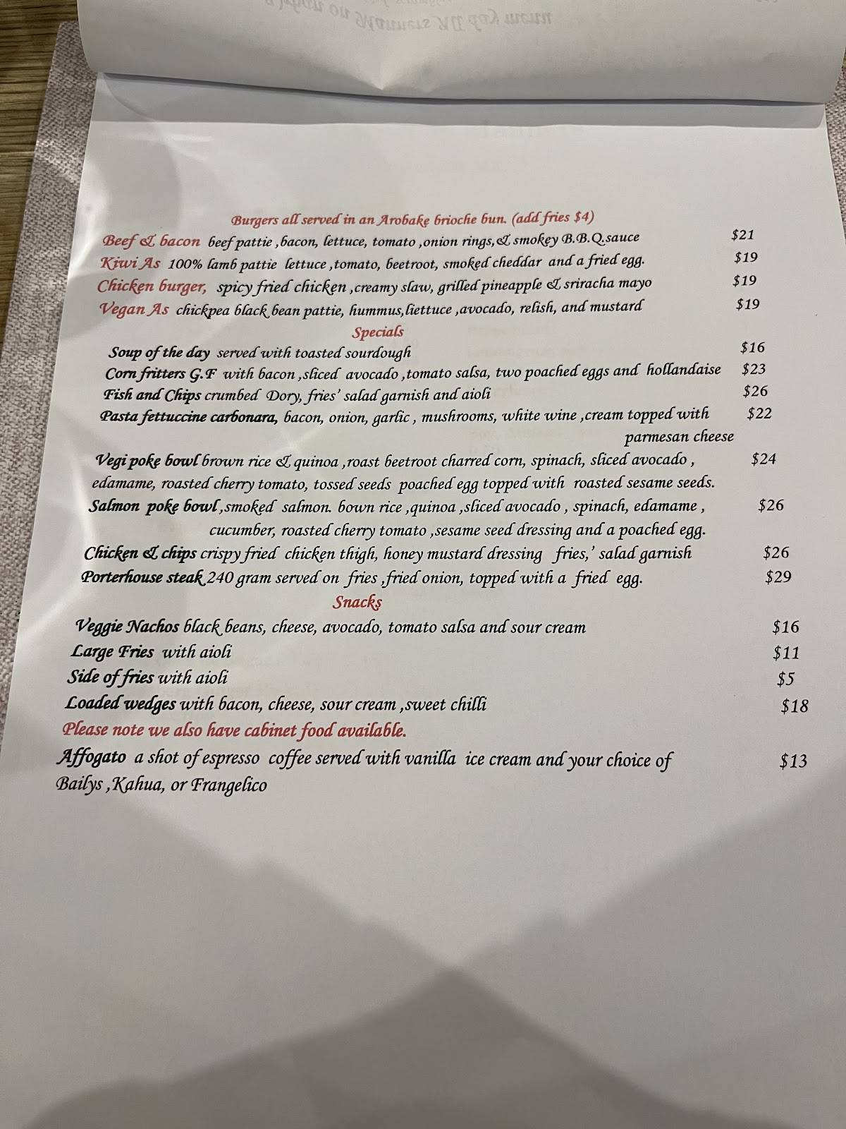 Menu at Urban on Manners cafe, Wellington