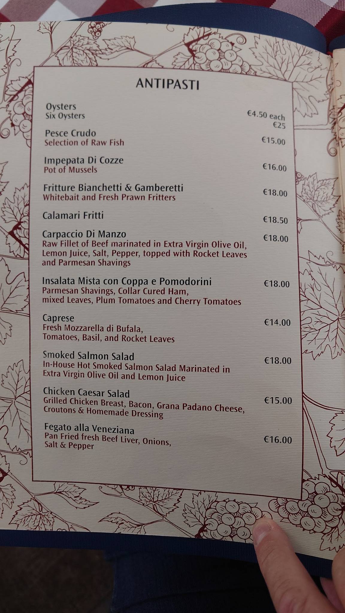 Menu at TaNadia restaurant, Valletta, 191 Merchants St