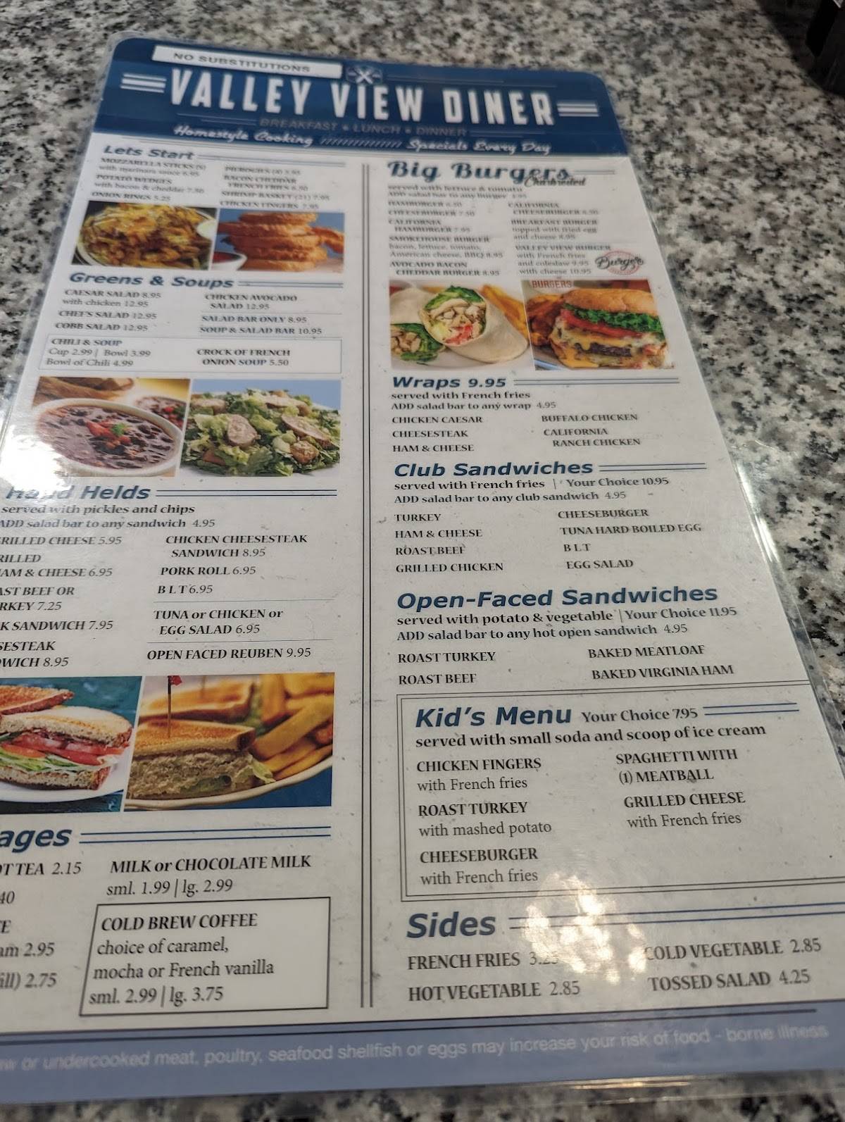 Menu at Valley View Diner restaurant, Nazareth