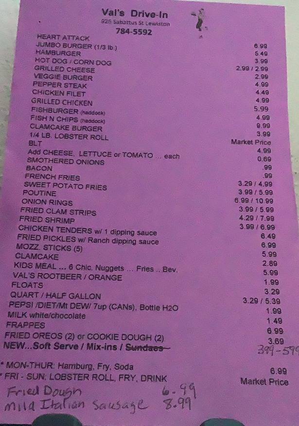 Menu at Val's Drive-In restaurant, Lewiston
