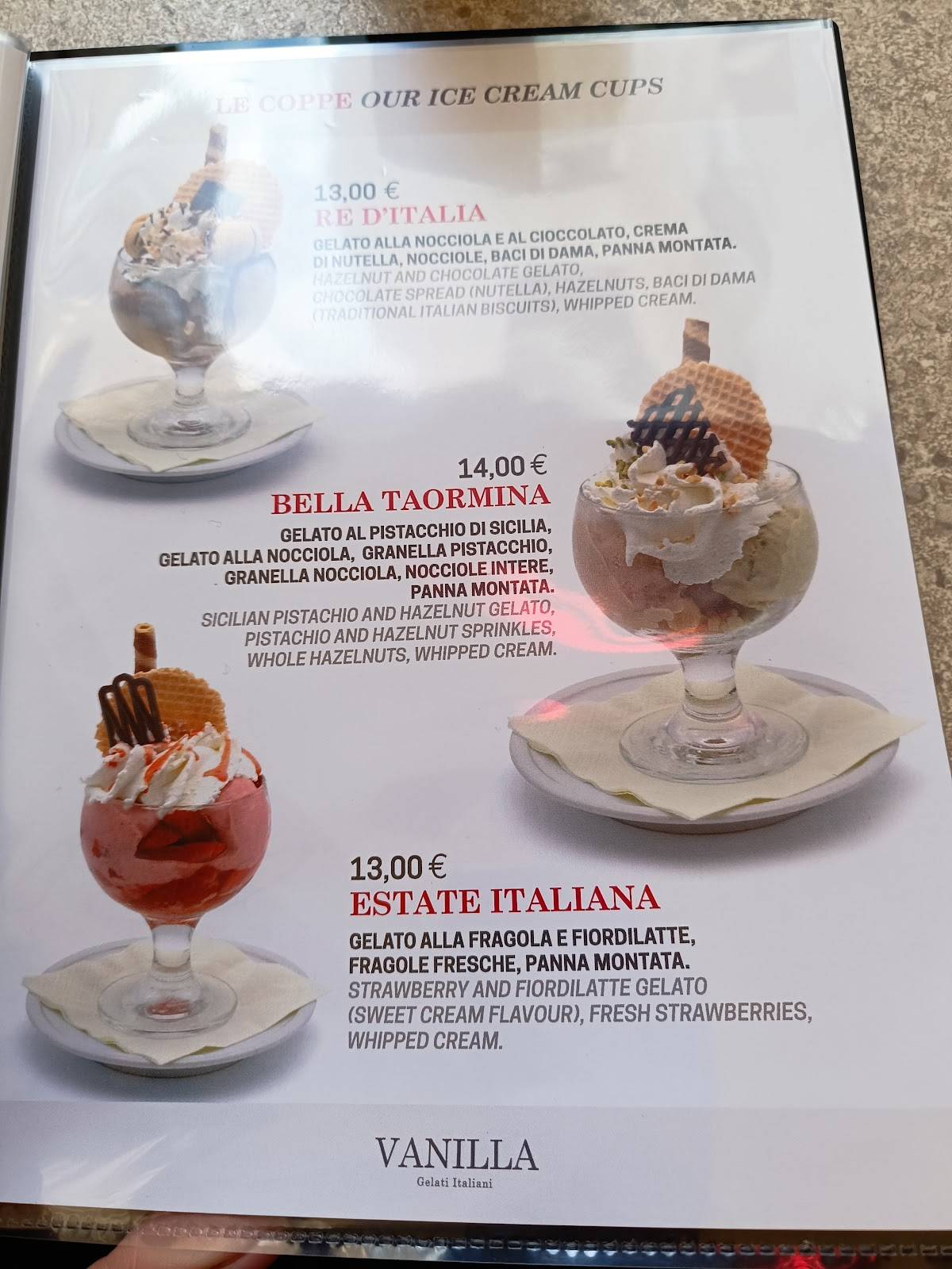 Menu au Vanilla Gelati Italiani desserts, Milan, Via Pattari