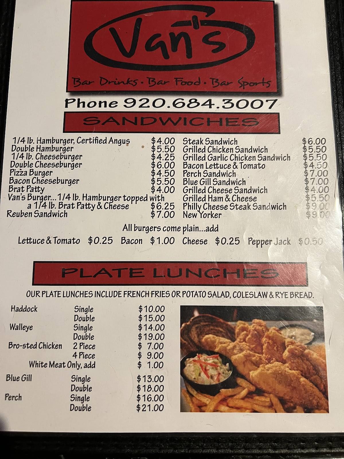 Menu at Van's Bar, Manitowoc