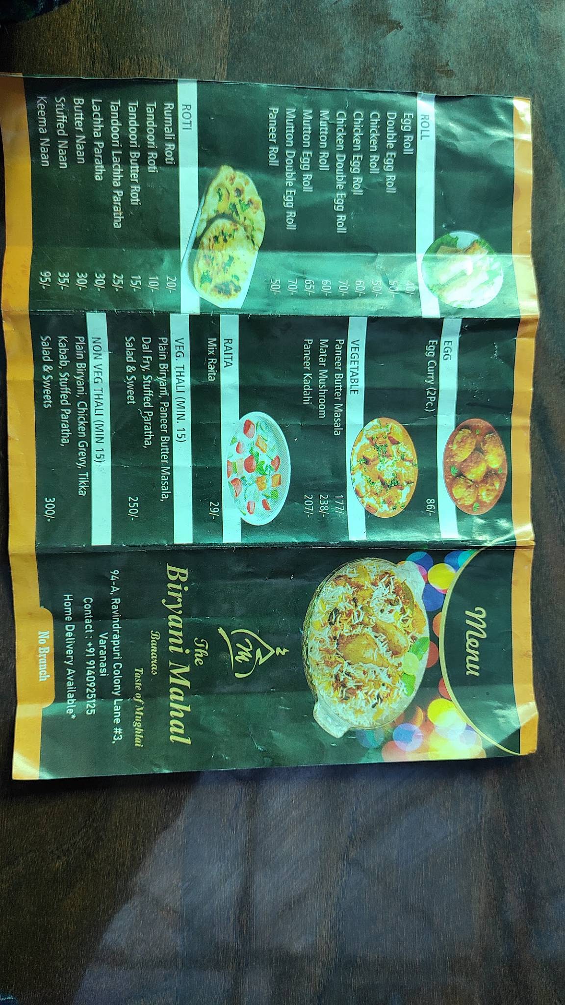 Menu at Biryani Mahal, Varanasi, P-94-A