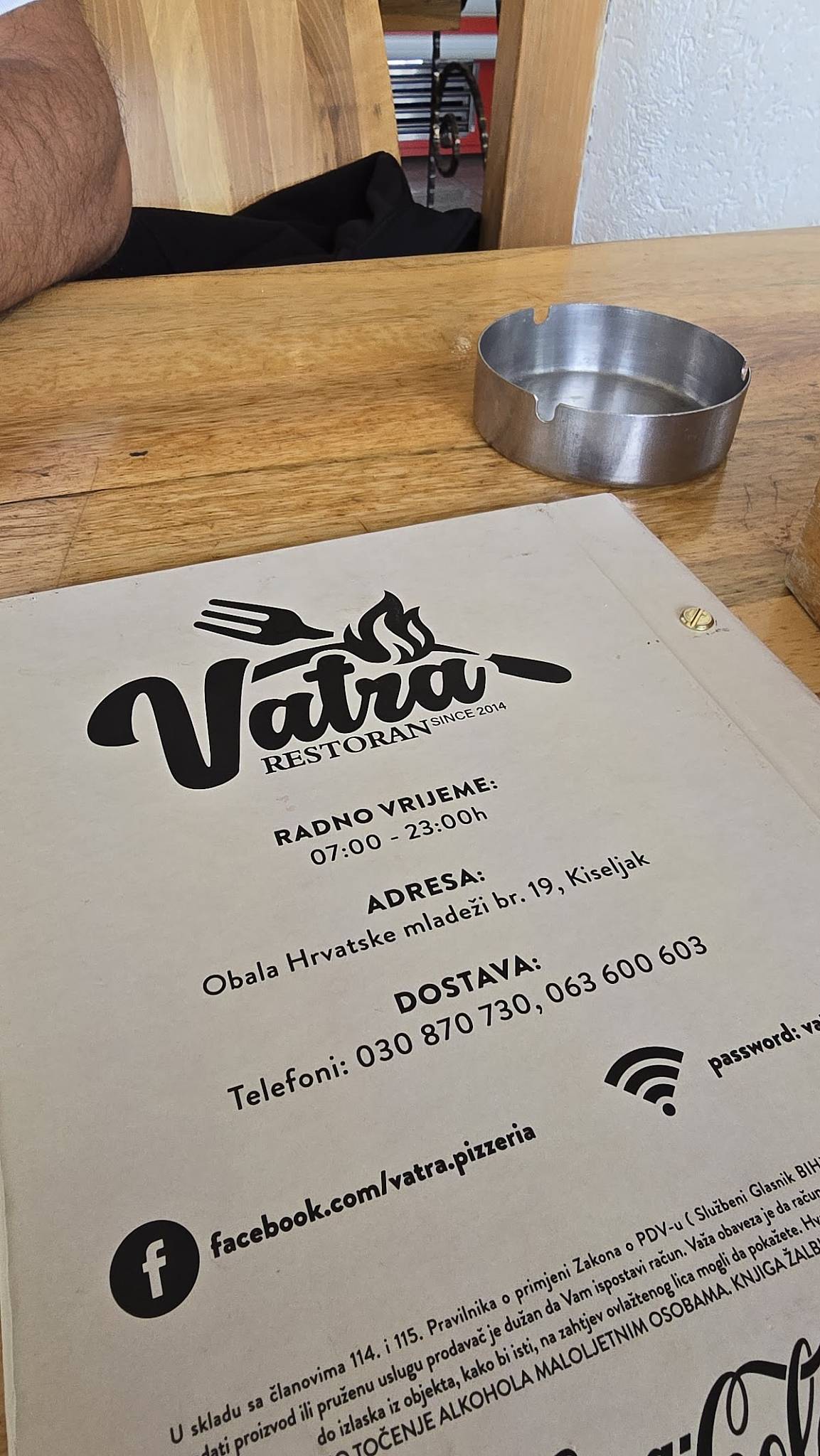 Menu at Vatra restaurant, Kiseljak