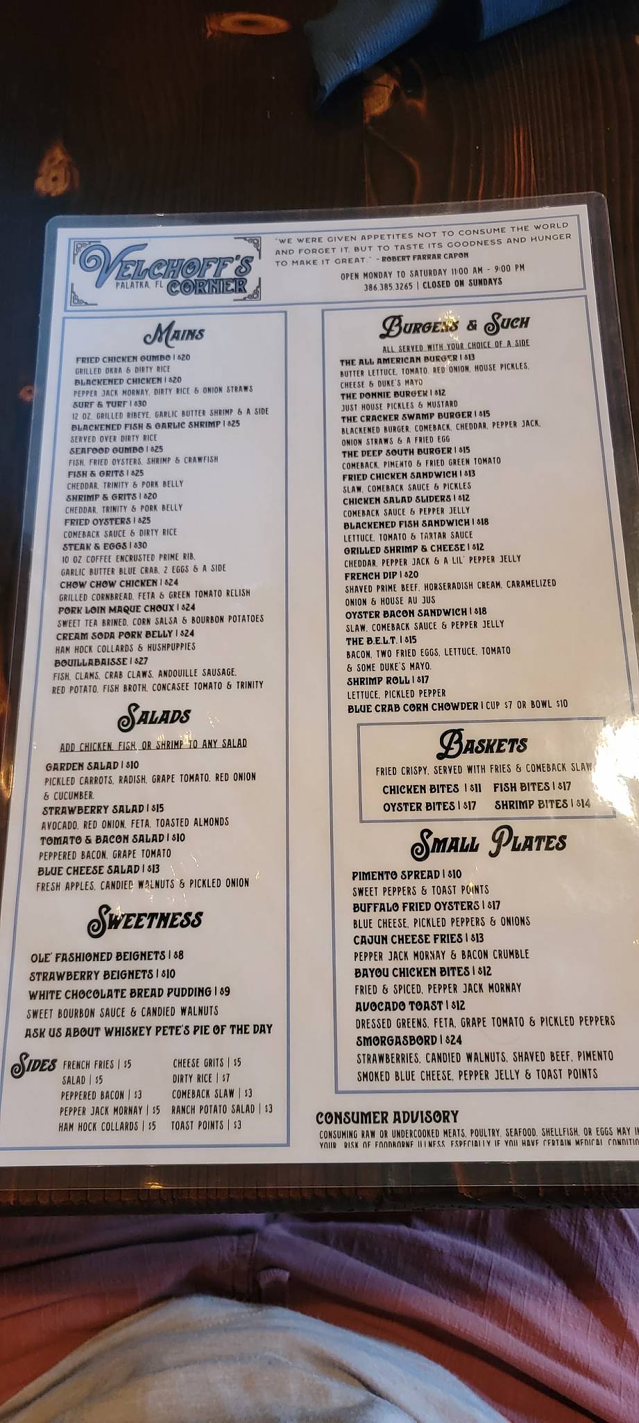 Menu at Velchoff's Corner pub & bar, Palatka