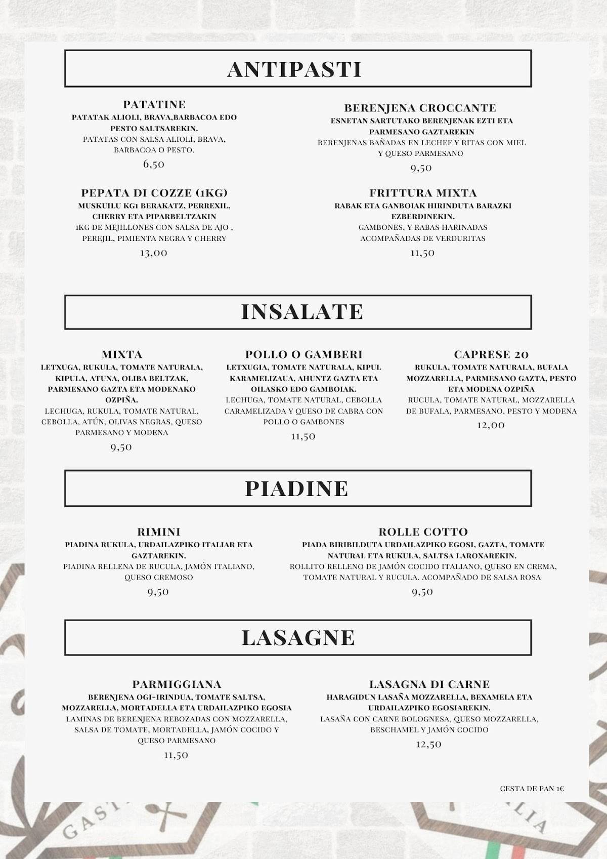 Carta del restaurante Venti Gastro Italia, Vergara