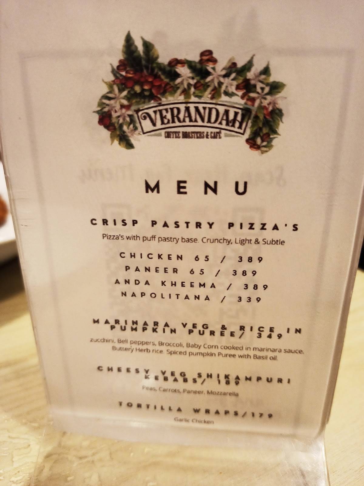 Menu at Verandah Coffee Roasters and Café, Vijayawada