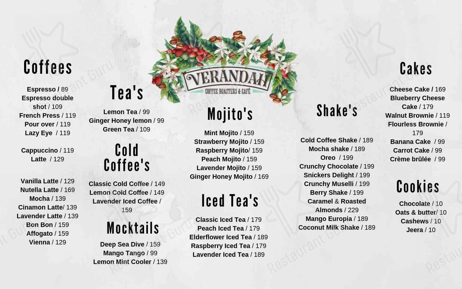 Menu at Verandah Coffee Roasters and Café, Vijayawada