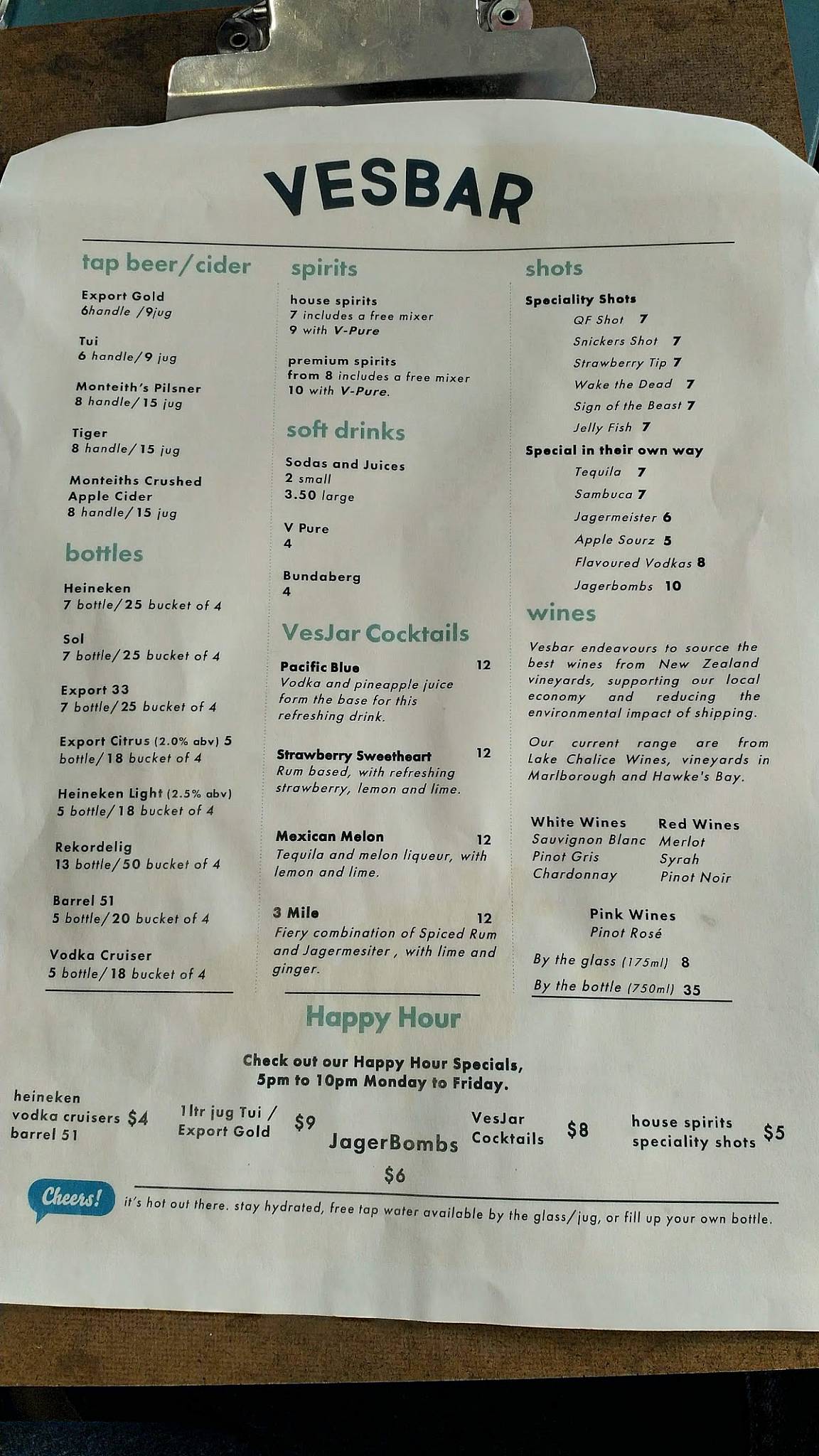 Menu at Vesbar, Auckland